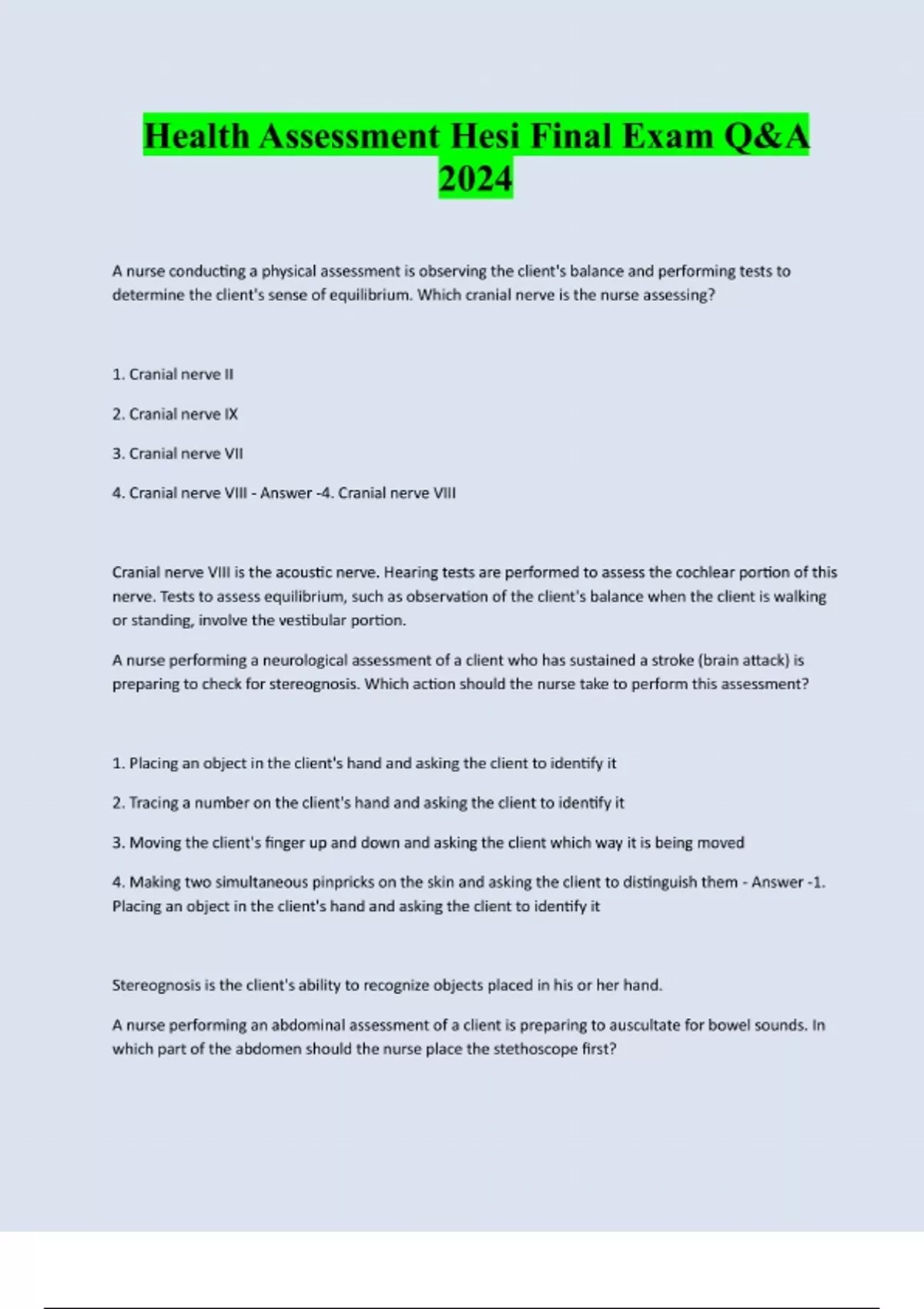 Health Assessment Hesi Packaged Exams Correctly Solved Questions and ...