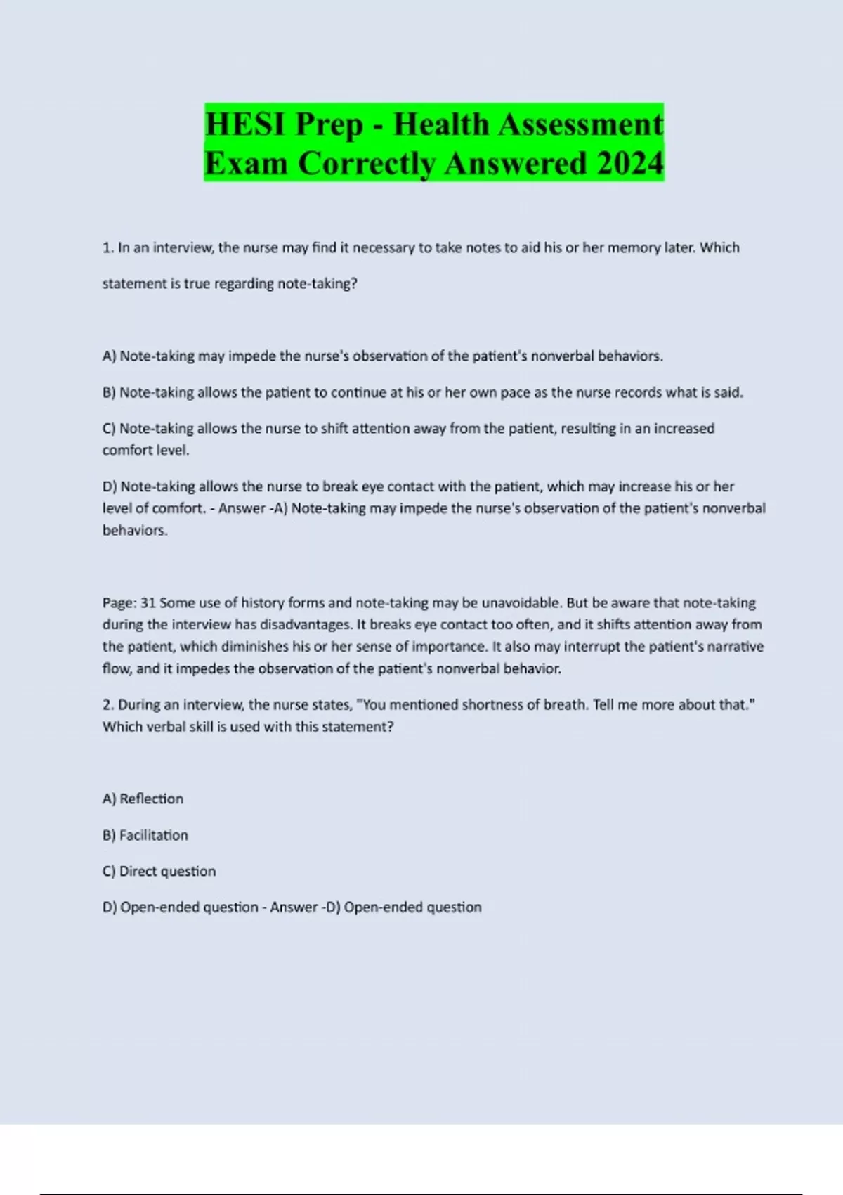 HESI Prep - Health Assessment Exam Correctly Answered 2024 - Health ...