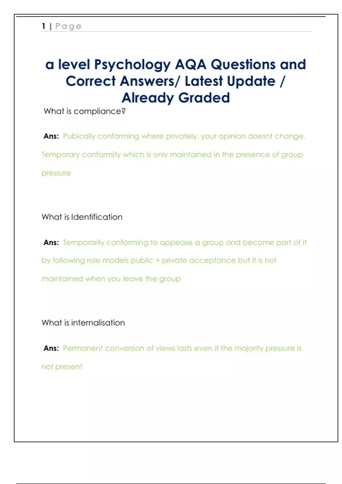 a level Psychology AQA Questions and Correct Answers/ Latest Update ...