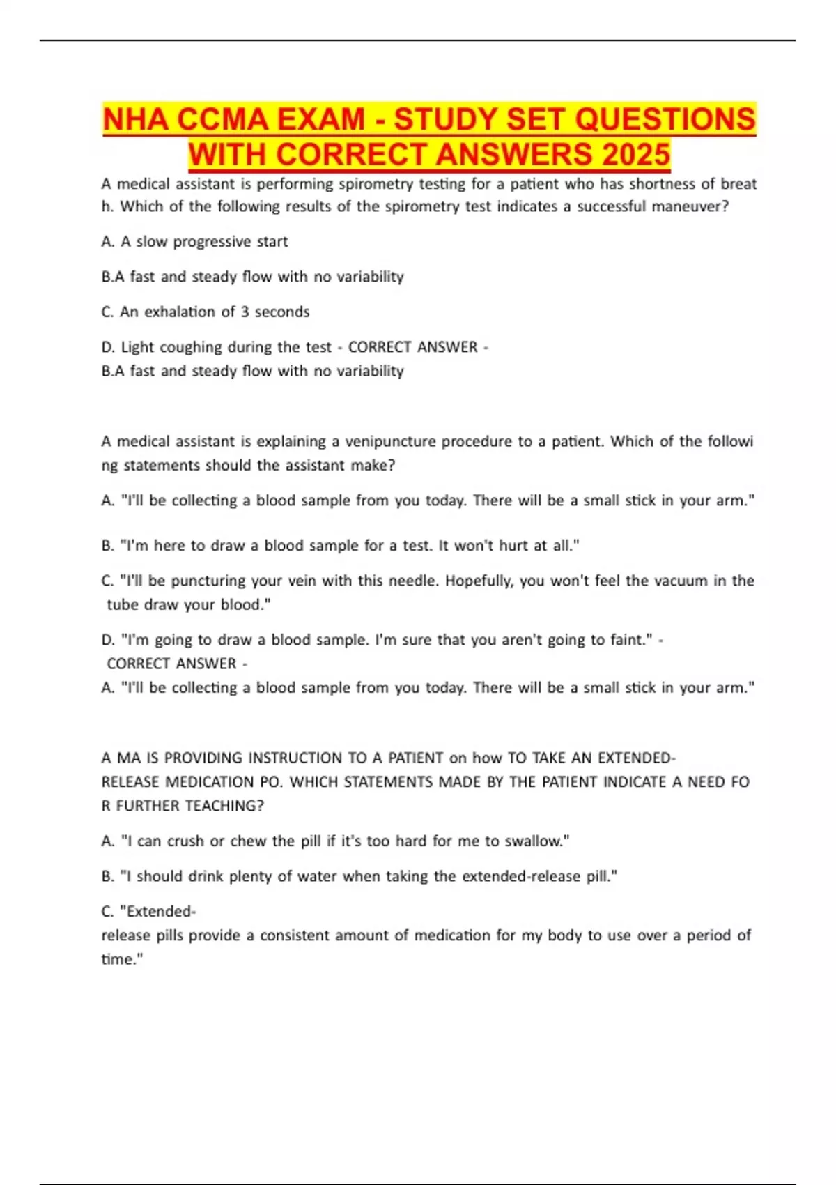 NHA CCMA EXAM - STUDY SET QUESTIONS WITH CORRECT ANSWERS 2025 - NHA ...