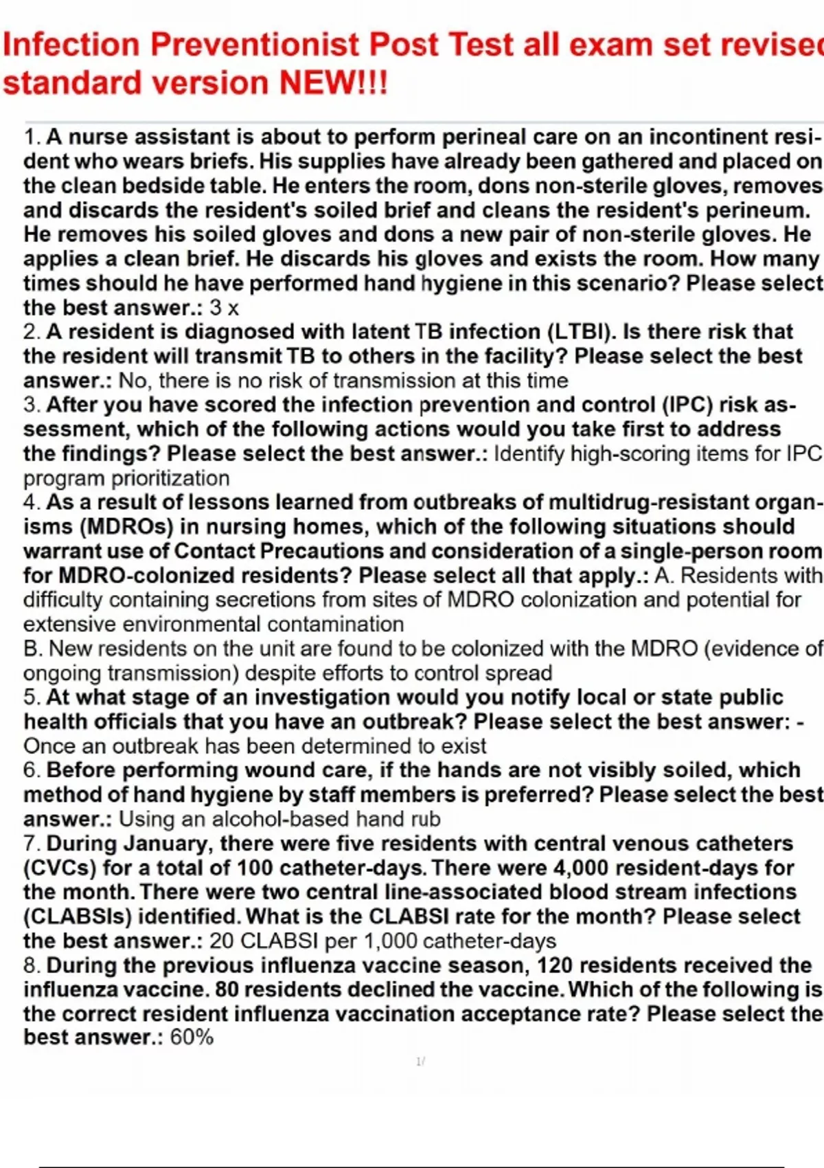 Infection Preventionist Post Test all exam set revised standard version ...