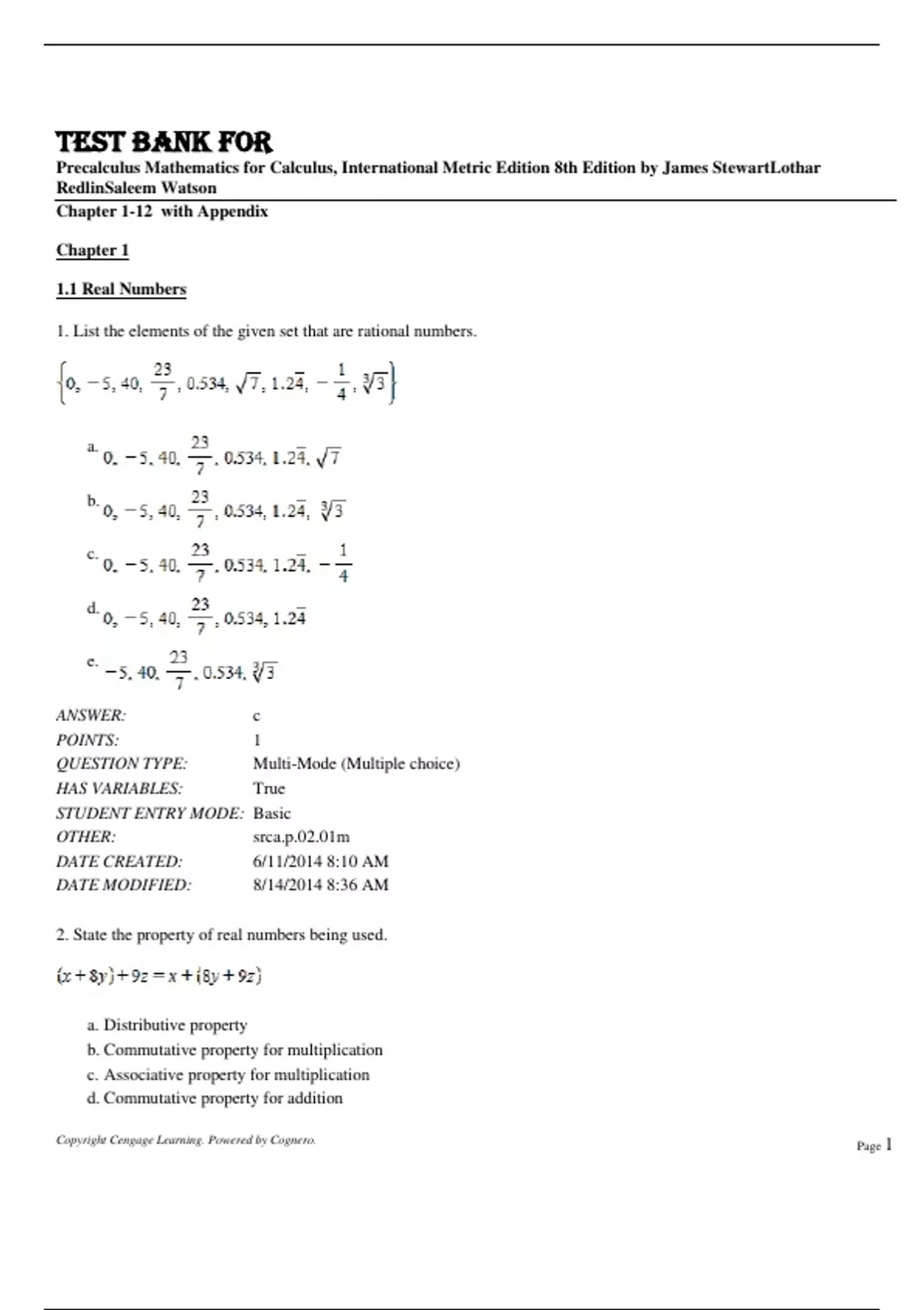 Test Bank For Precalculus Mathematics for Calculus, International ...