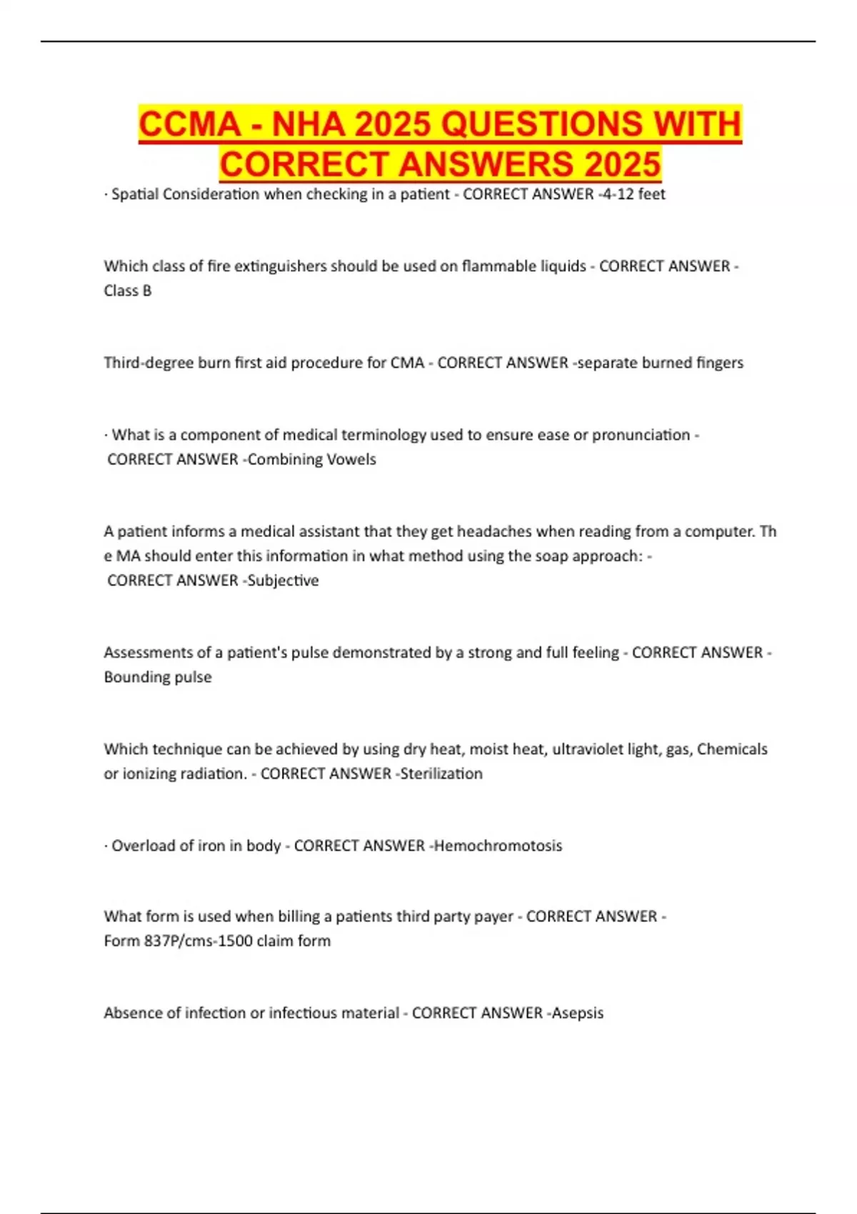 CCMA - NHA 2025 QUESTIONS WITH CORRECT ANSWERS 2025 - NHA CCMA - Stuvia US