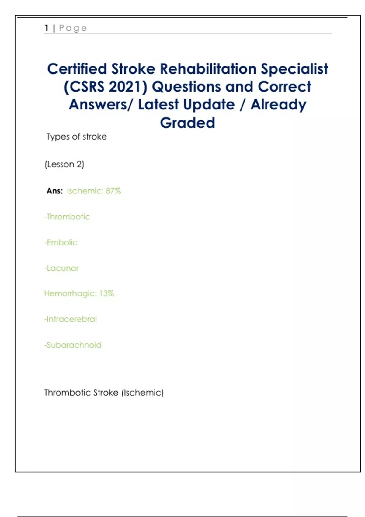 Certified Stroke Rehabilitation Specialist (CSRS 2021) Questions and ...