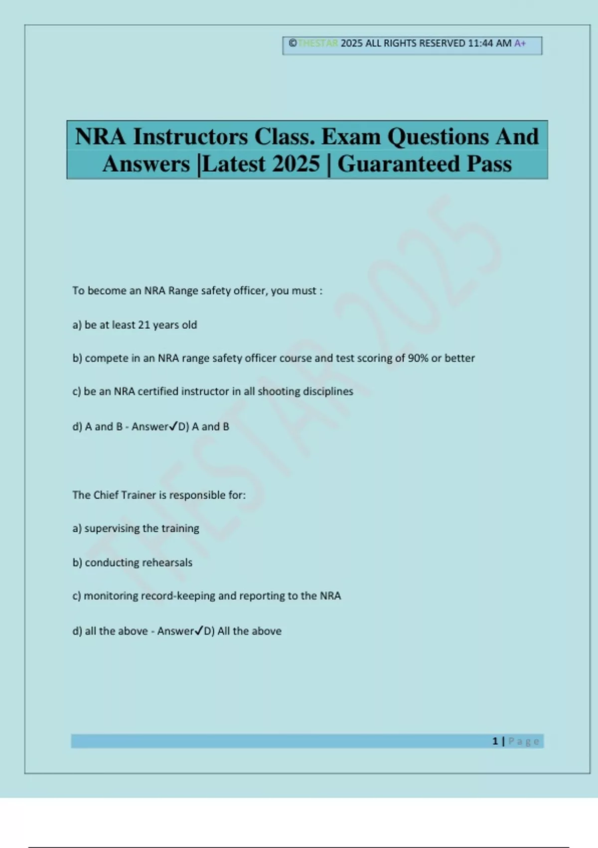 NRA Instructors Class. Exam Questions And Answers |Latest 2025 ...