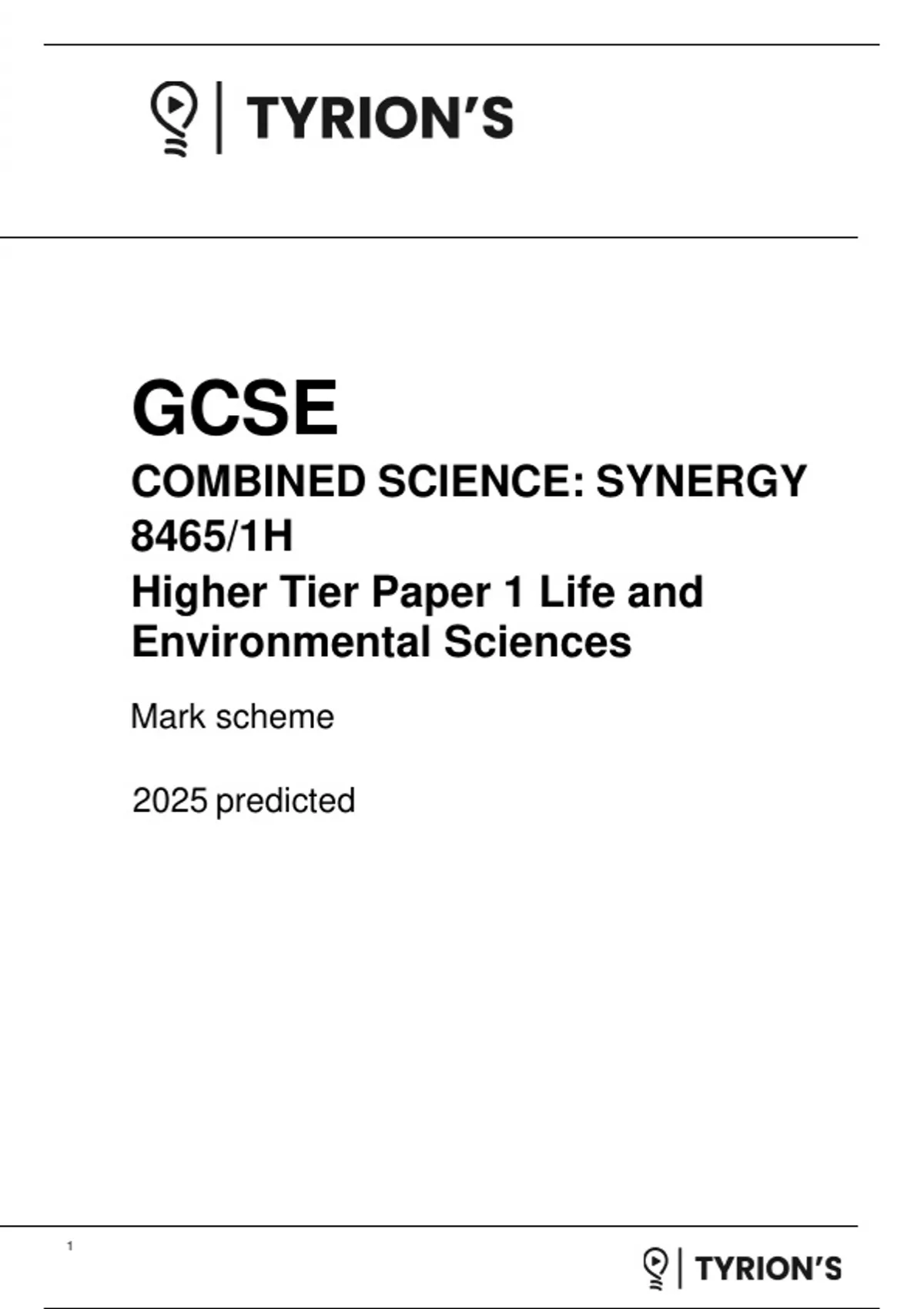 AQA GCSE COMBINED SCIENCE_ SYNERGY 1H 2025 PREDICTED MARK SCHEME - 2025 Predicted Papers - Stuvia UK