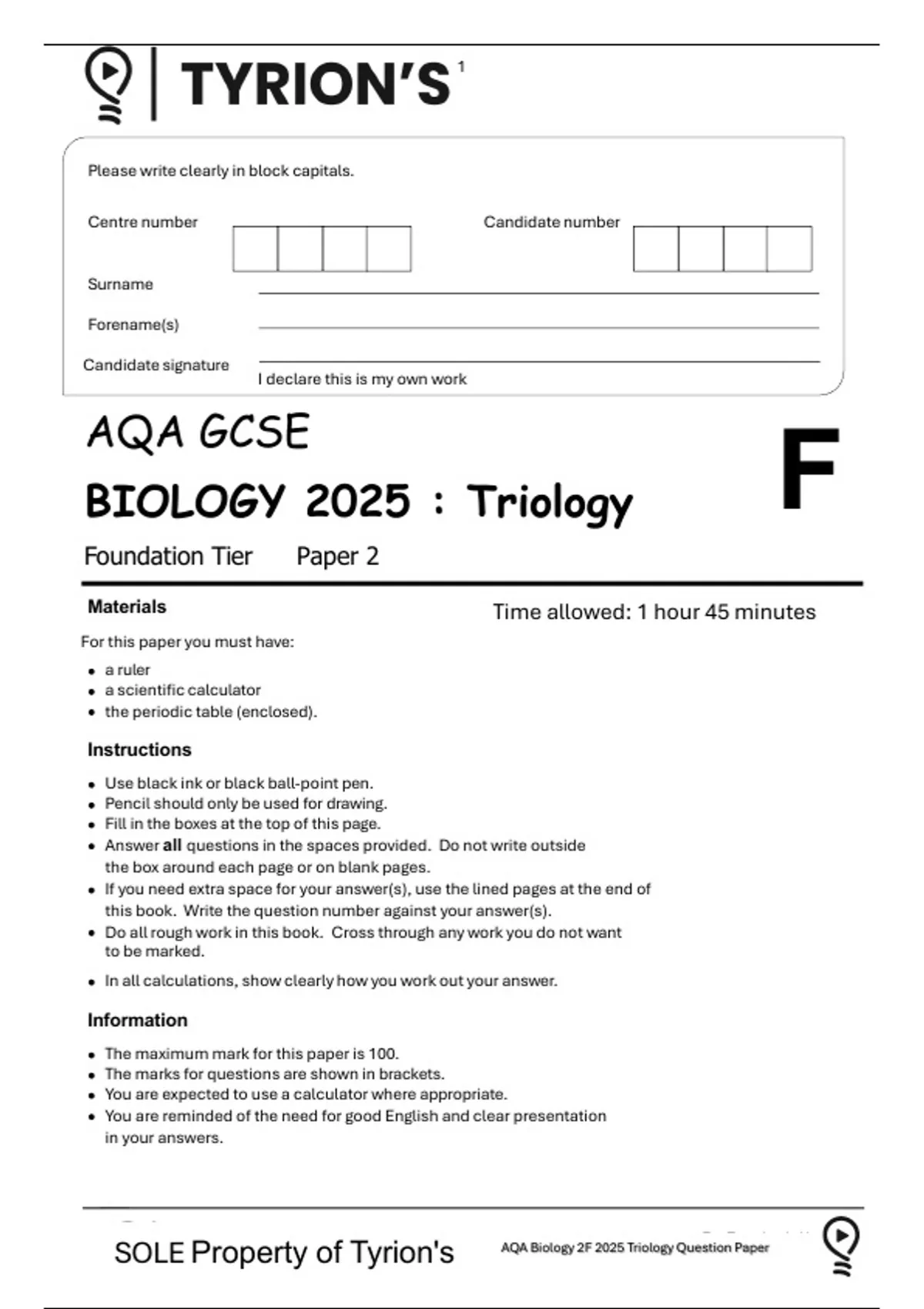 AQA GCSE COMBINED SCIENCE_ TRIOLOGY BIOLOGY 2F 2025 PREDICTED QUESTION ...