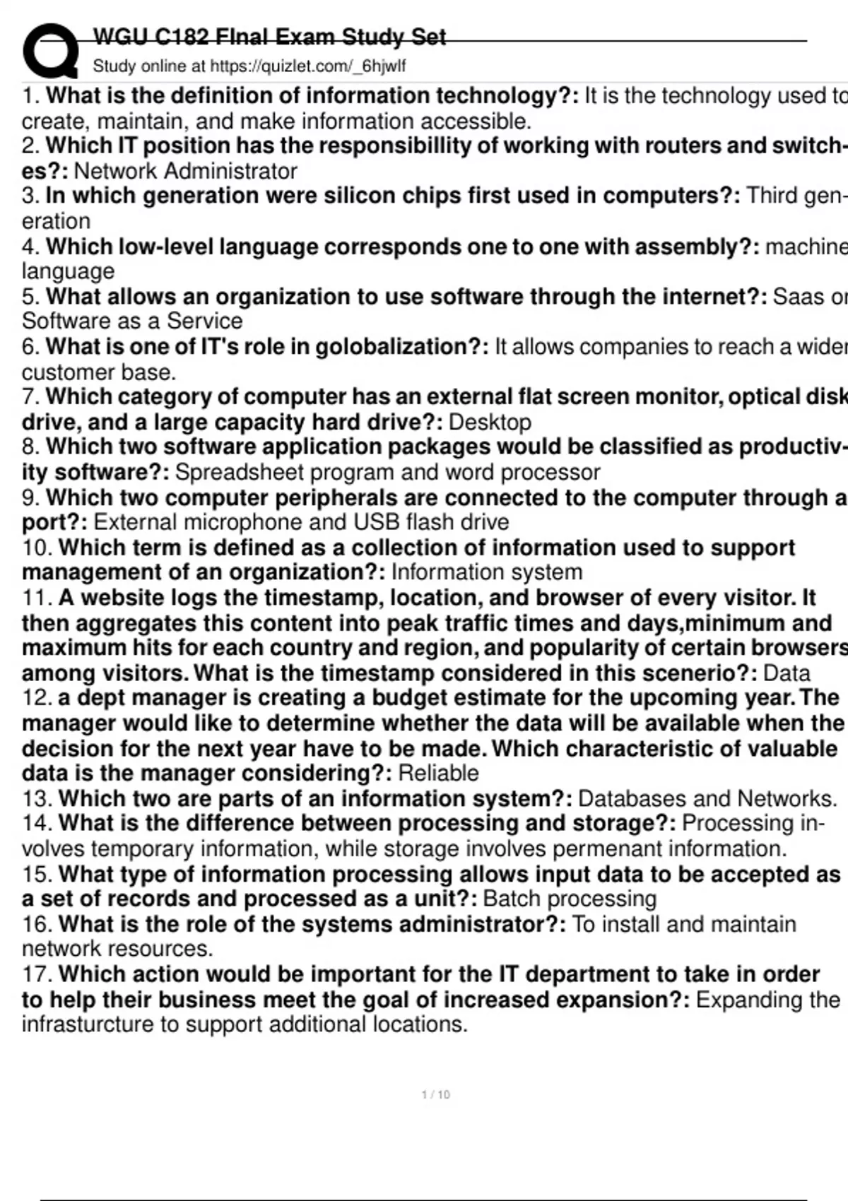 WGU C182 FInal Exam Study Set - WGU C182 - Stuvia UK