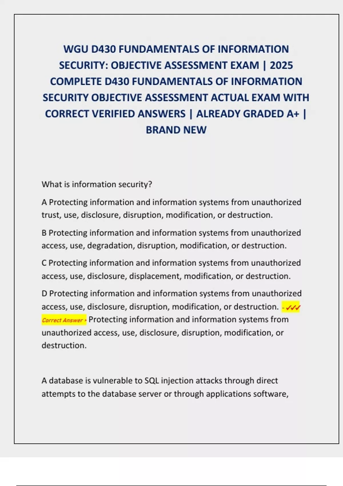 WGU D430 FUNDAMENTALS OF INFORMATION SECURITY: OBJECTIVE ASSESSMENT ...