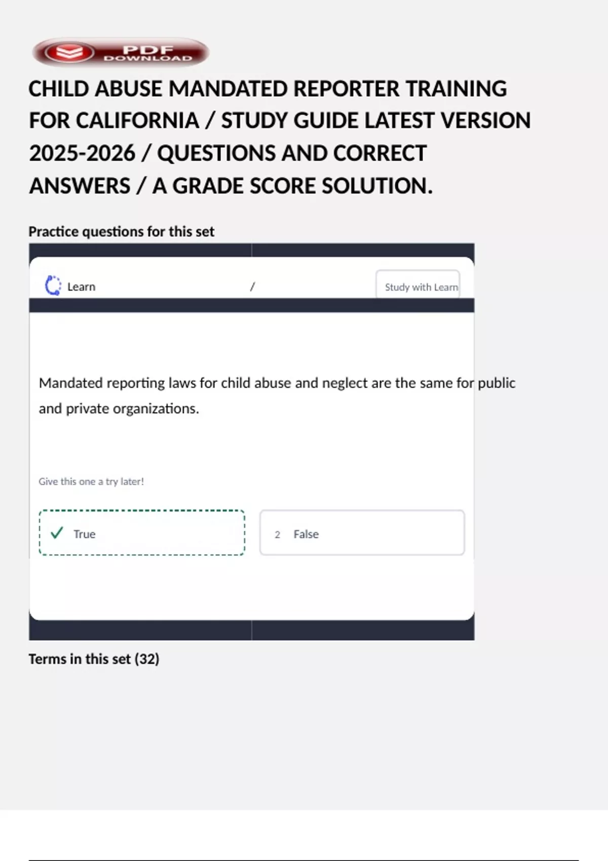 CHILD ABUSE MANDATED REPORTER TRAINING FOR CALIFORNIA / STUDY GUIDE ...