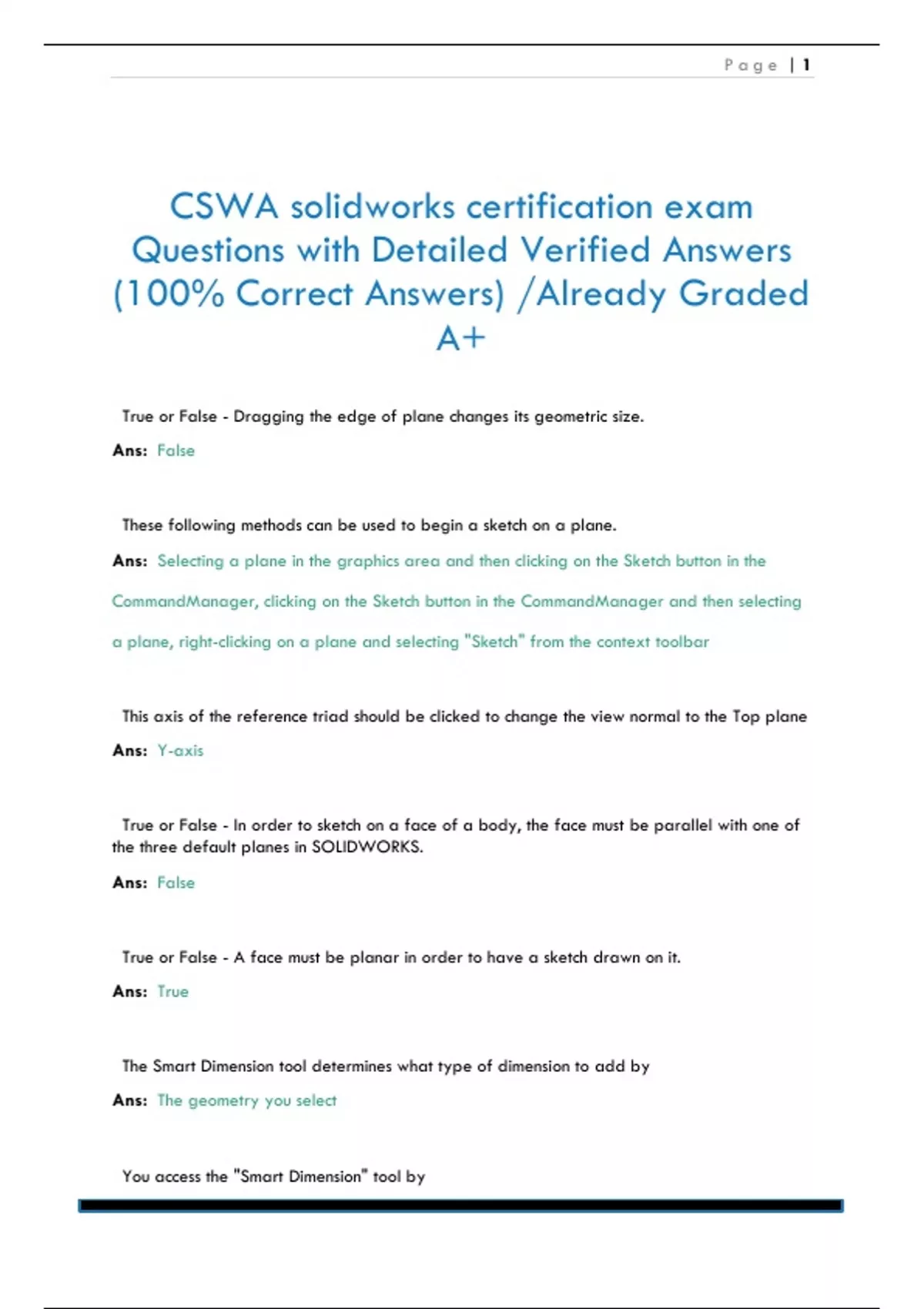 Solidworks CSWA Exam Questions with Detailed Verified Answers (100% ...