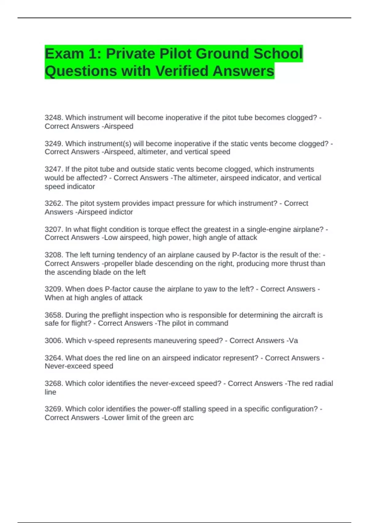 Exam 1 Private Pilot Ground School Questions with Verified Answers ...