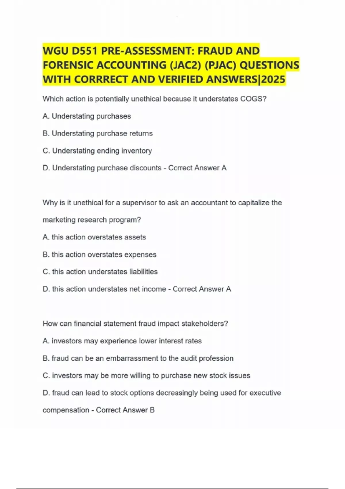 WGU D551 PRE-ASSESSMENT: FRAUD AND FORENSIC ACCOUNTING (JAC2) (PJAC ...