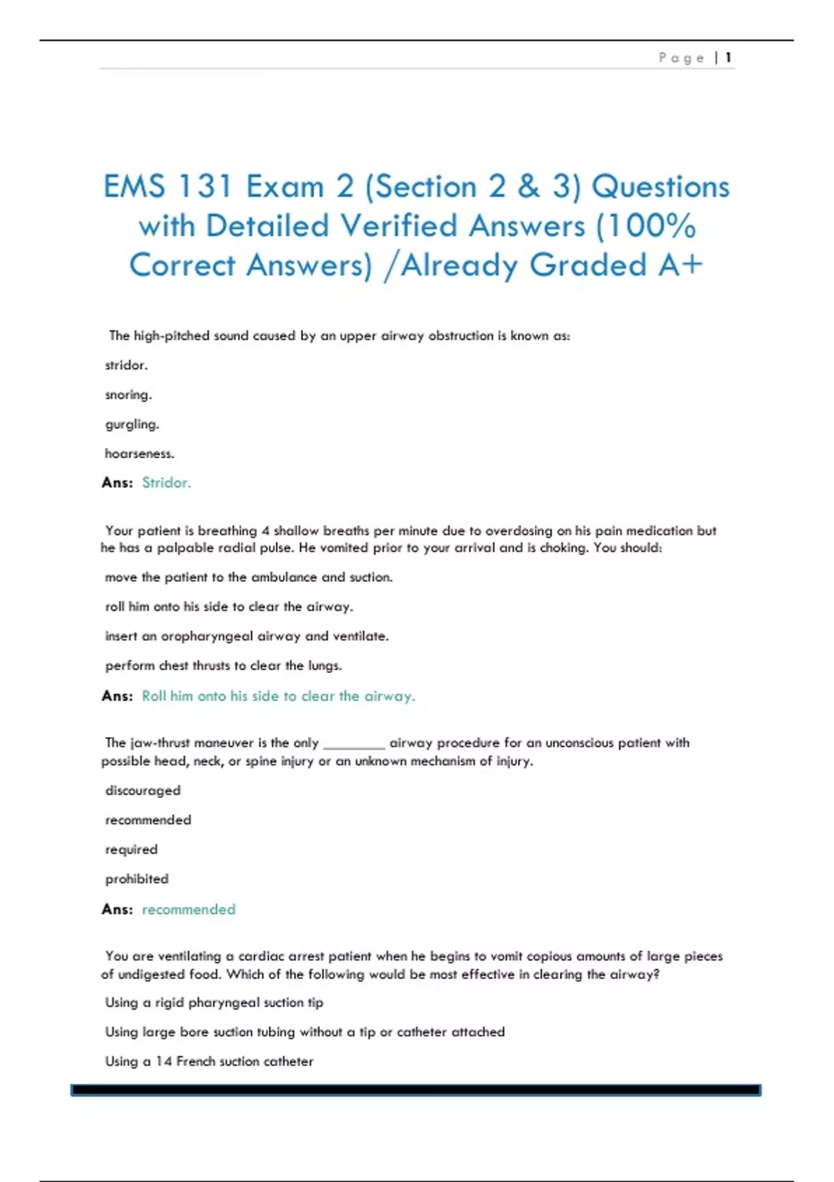 EMS 131 Exam 2 (Section 2 & 3) Questions with Detailed Verified Answers ...