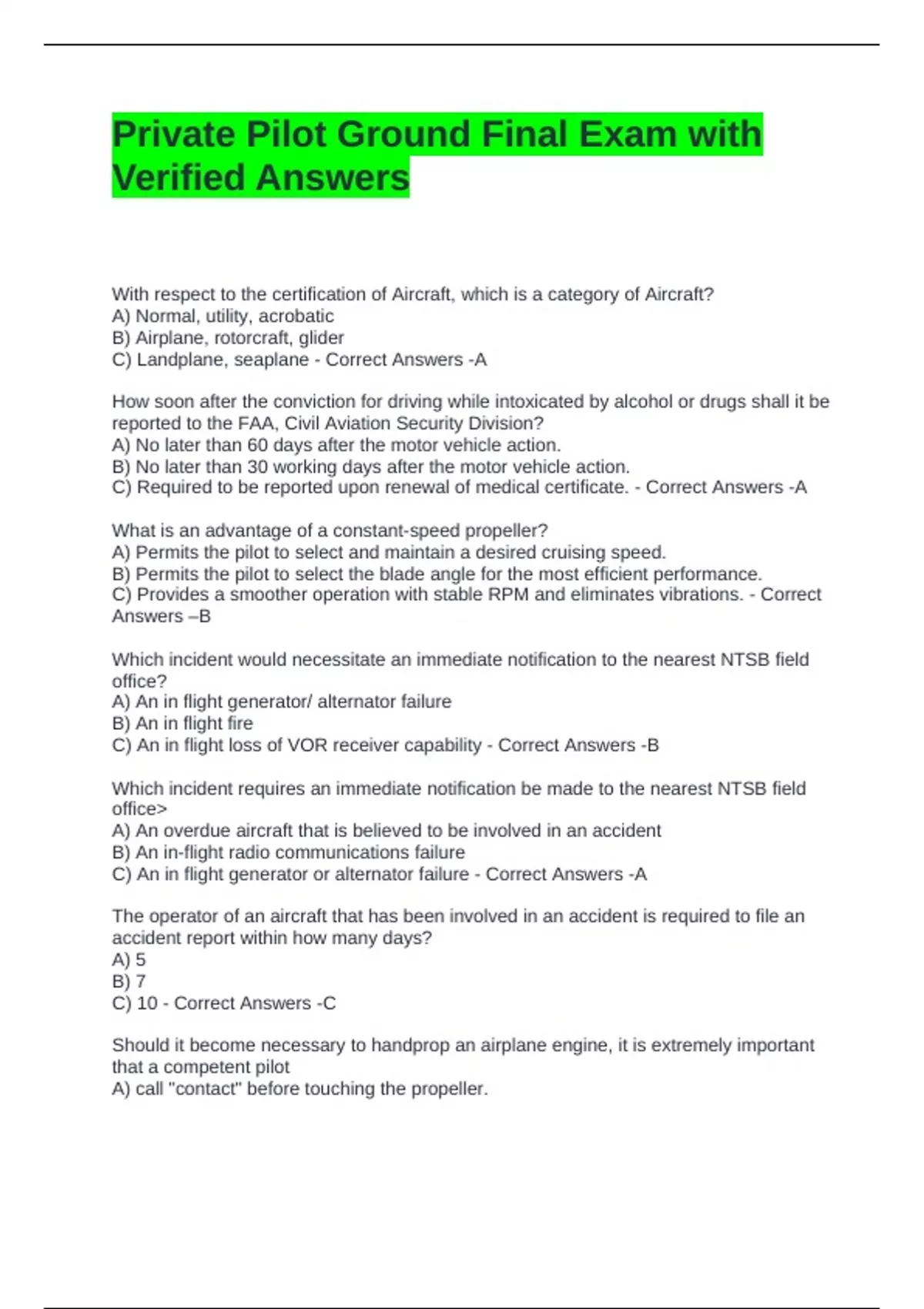 Private Pilot Ground Final Exam with Verified Answers - Ground School - Stuvia US