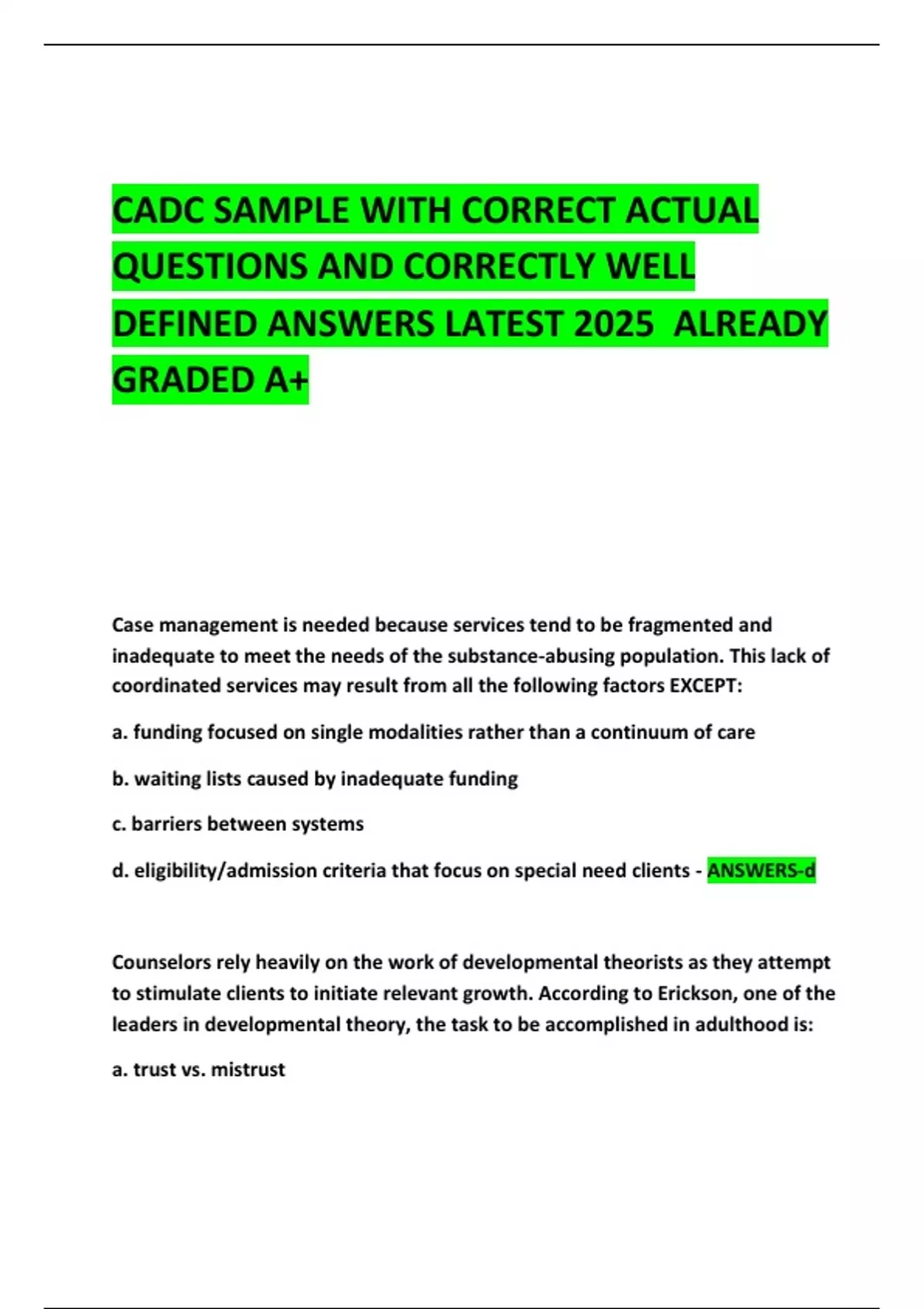 CADC SAMPLE WITH CORRECT ACTUAL QUESTIONS AND CORRECTLY WELL DEFINED ...