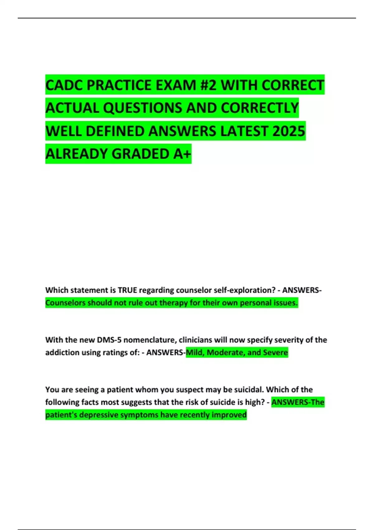 CADC PRACTICE EXAM #2 WITH CORRECT ACTUAL QUESTIONS AND CORRECTLY WELL ...