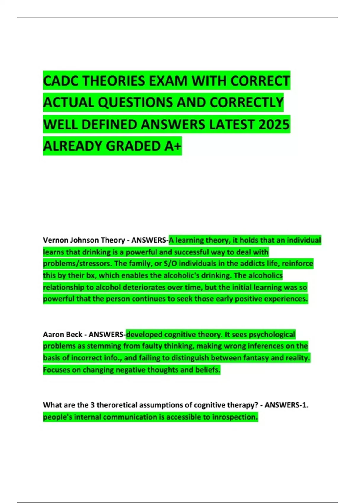 CADC THEORIES EXAM WITH CORRECT ACTUAL QUESTIONS AND CORRECTLY WELL ...