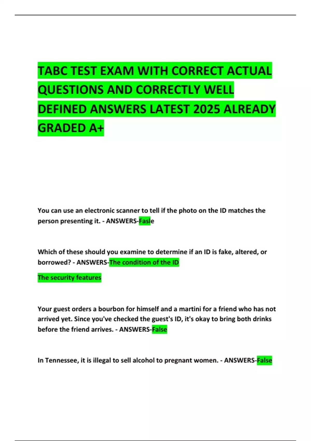 Tabc Test Exam With Correct Actual Questions And Correctly Well Defined Answers Latest 2025