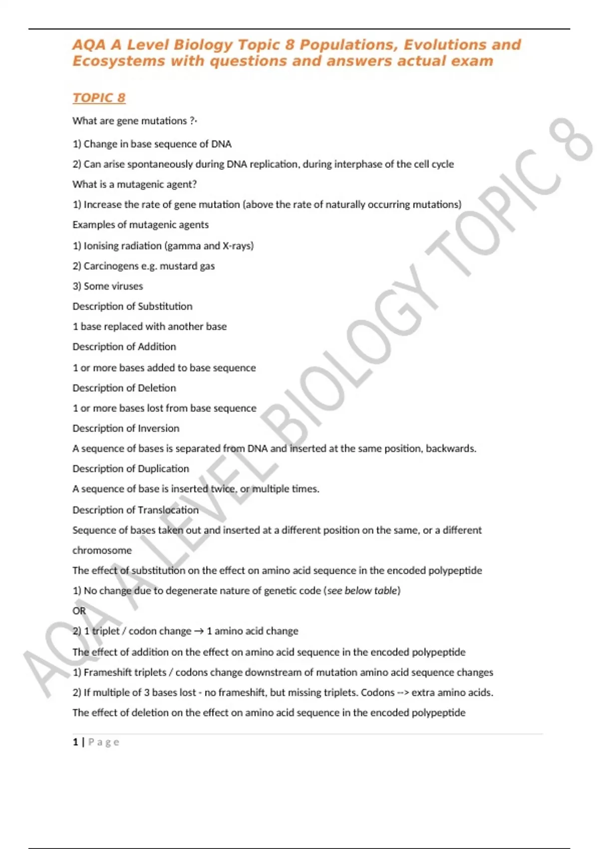 AQA A Level Biology Topic 8 Populations, Evolutions and Ecosystems with ...