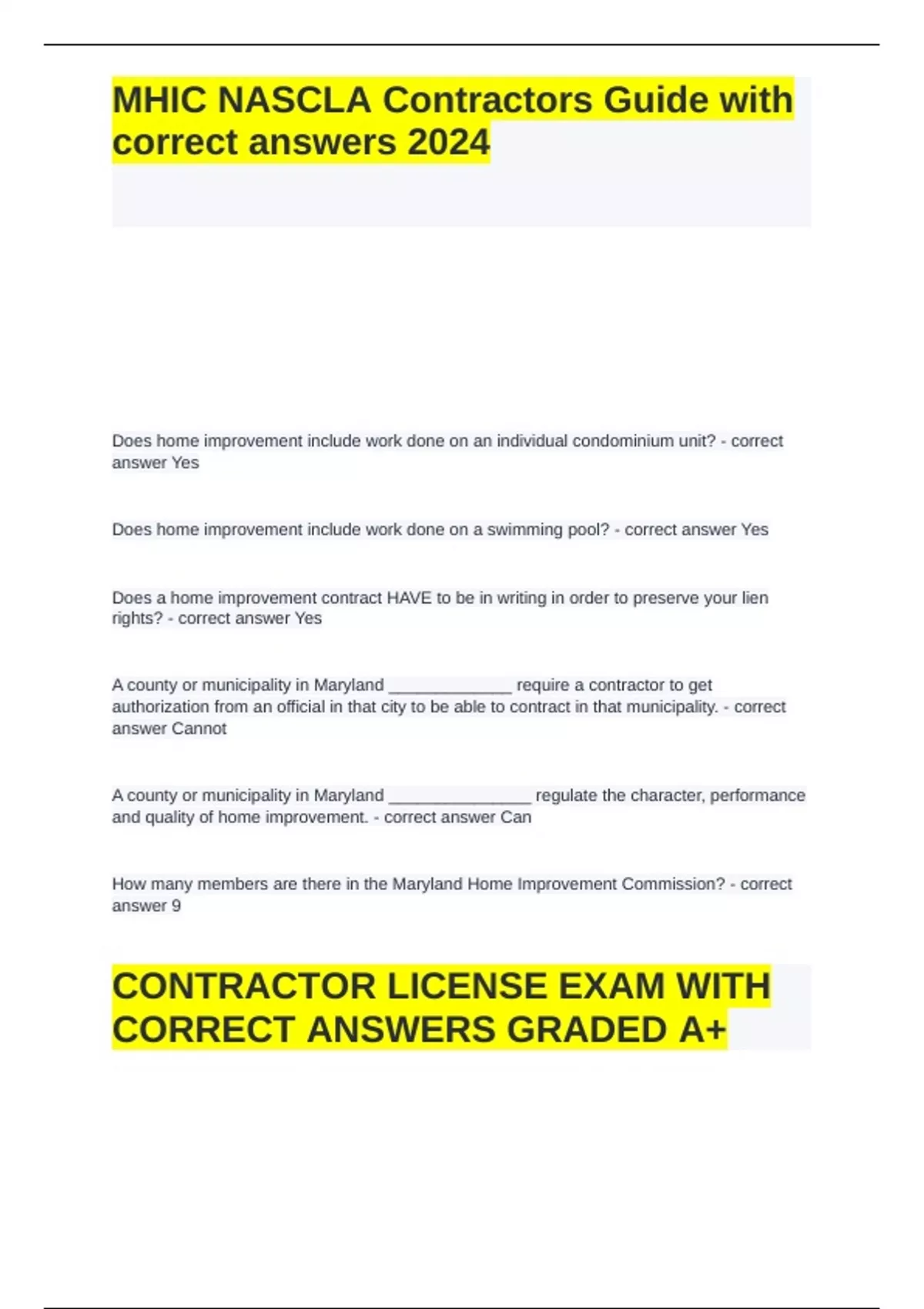 MHIC NASCLA Contractors Guide with correct answers 2024 - MHIC - Stuvia UK