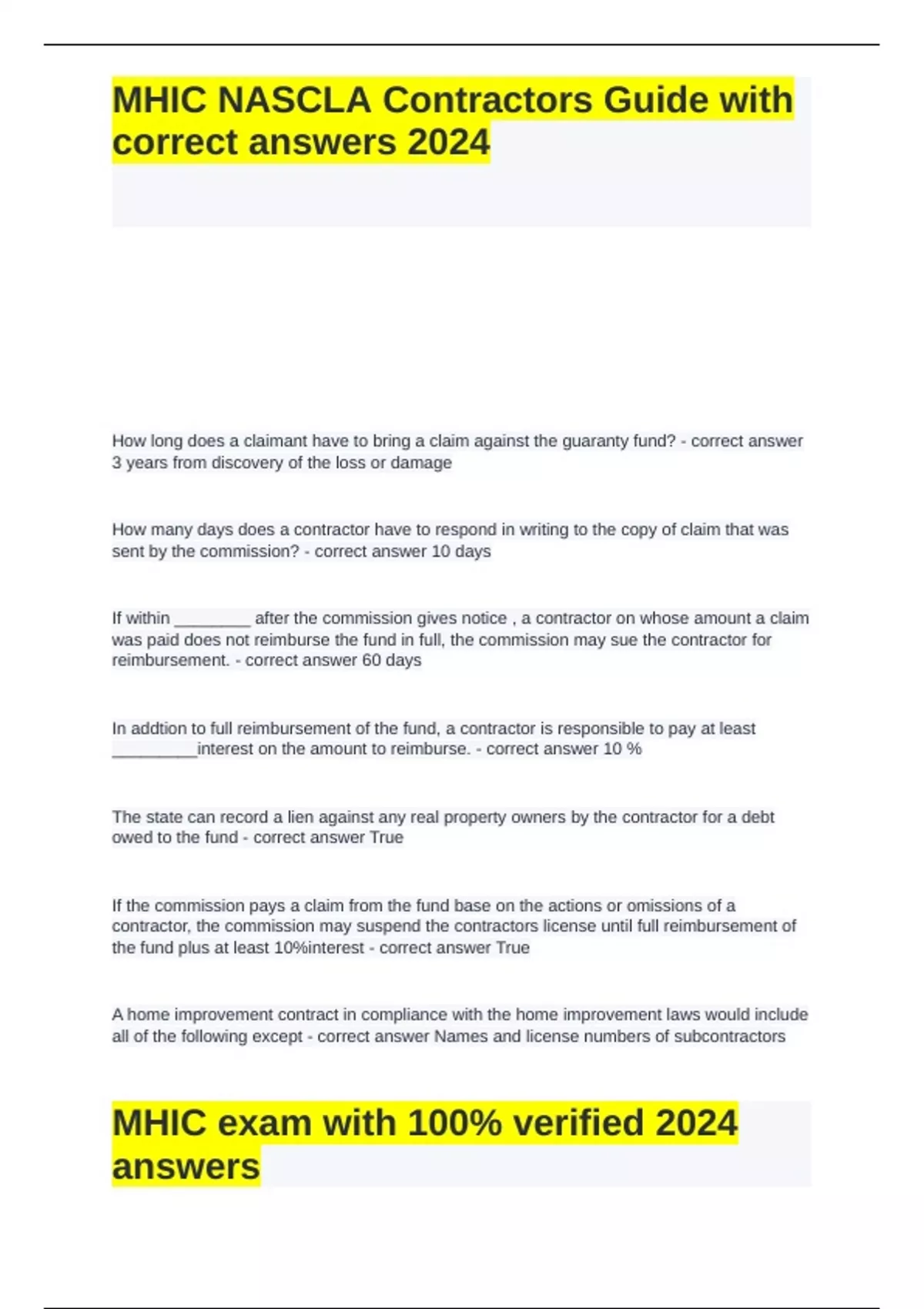 MHIC NASCLA Contractors Guide with correct answers 2024 - MHIC - Stuvia UK