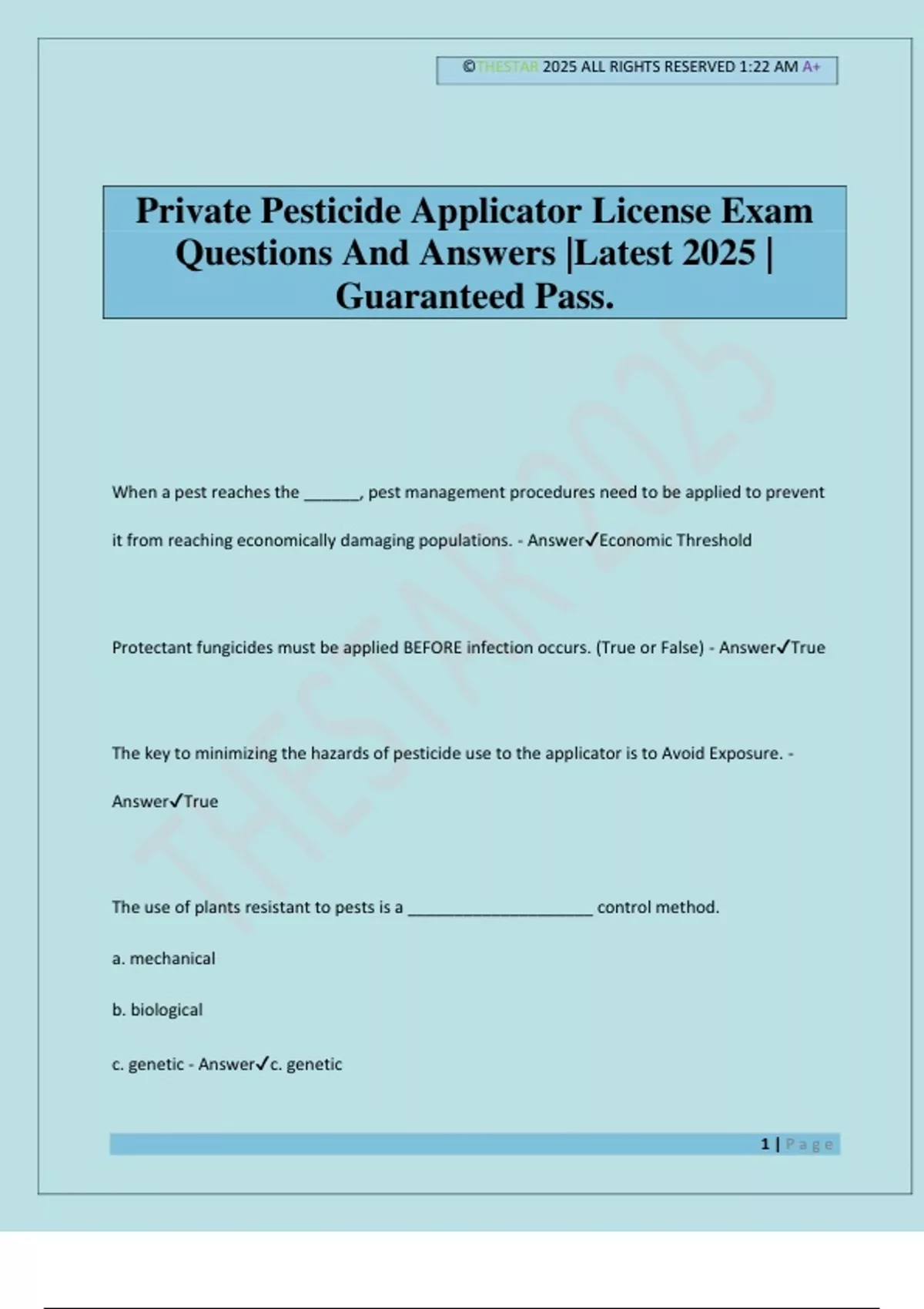 Private Pesticide Applicator License Exam Questions And Answers |Latest ...