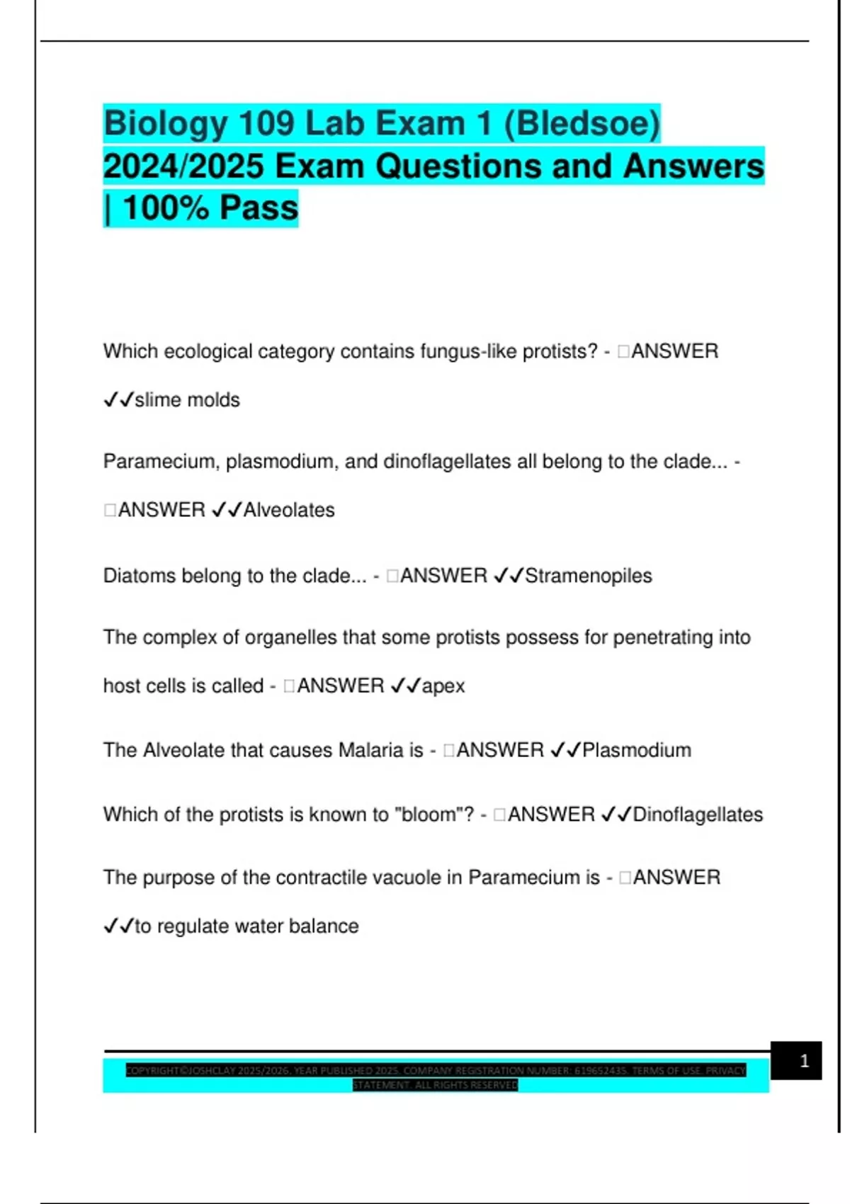 Biology 109 Lab Exam 1 (Bledsoe) 2024/2025 Exam Questions and Answers | 100% Pass - Biology 109 ...