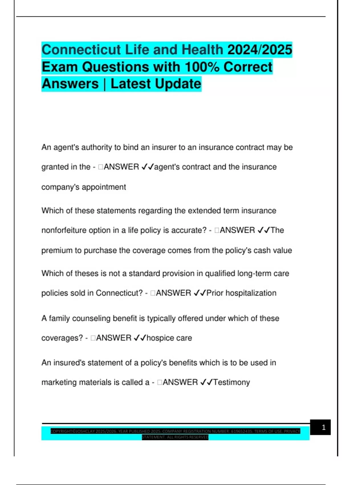 Connecticut Life and Health 2024/2025 Exam Questions with 100% Correct ...