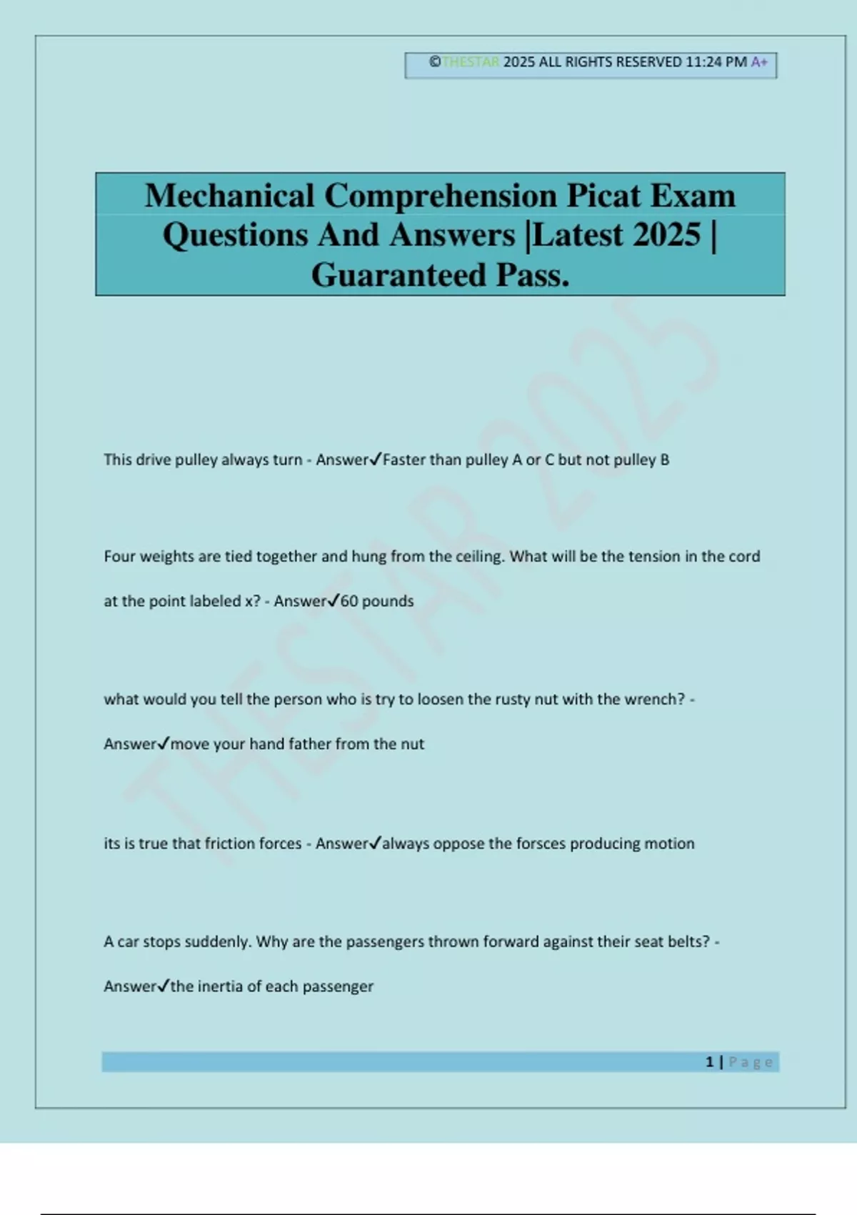 Mechanical Comprehension Picat Exam Questions And Answers |Latest 2025 ...
