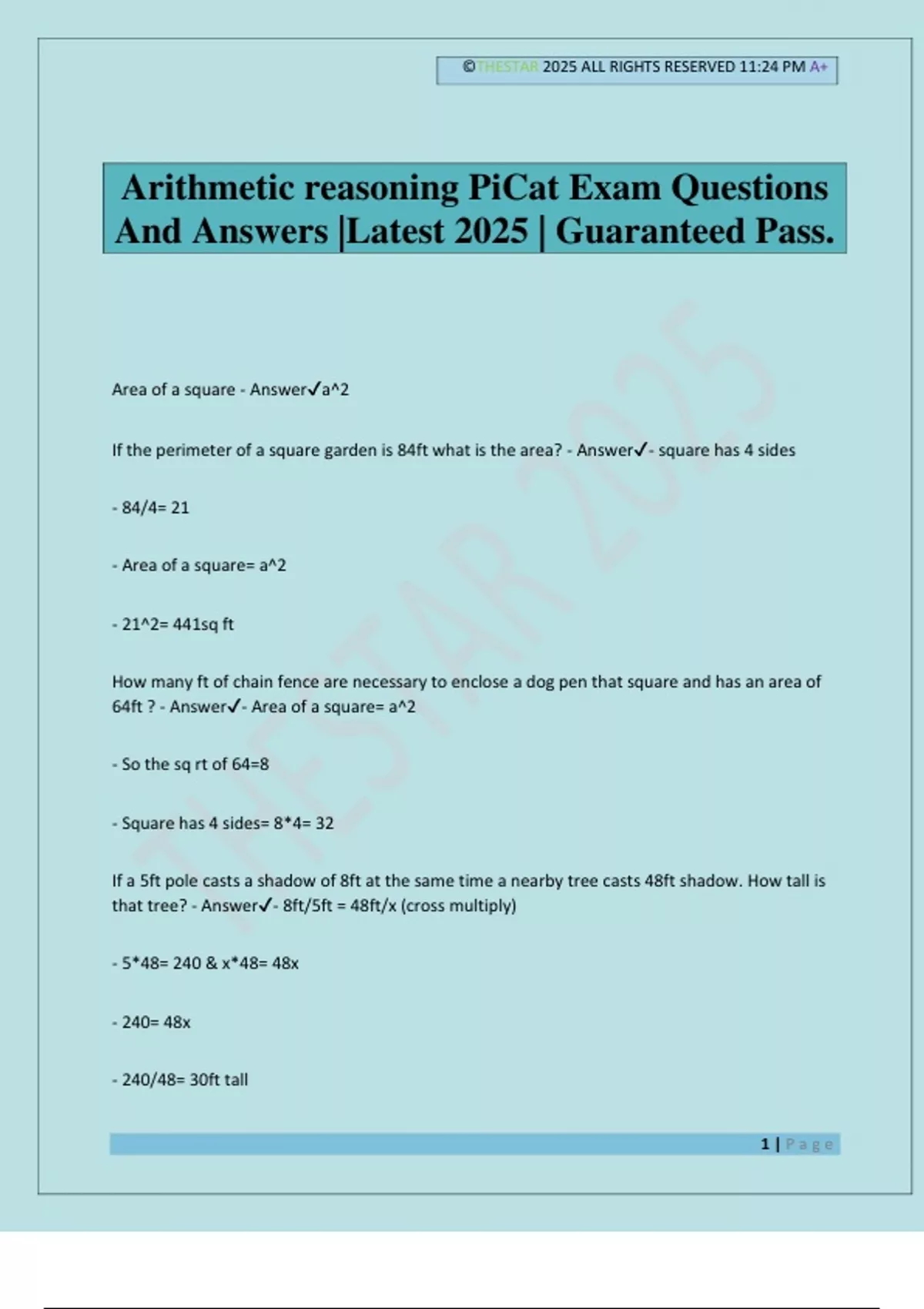 Arithmetic reasoning PiCat Exam Questions And Answers |Latest 2025 ...