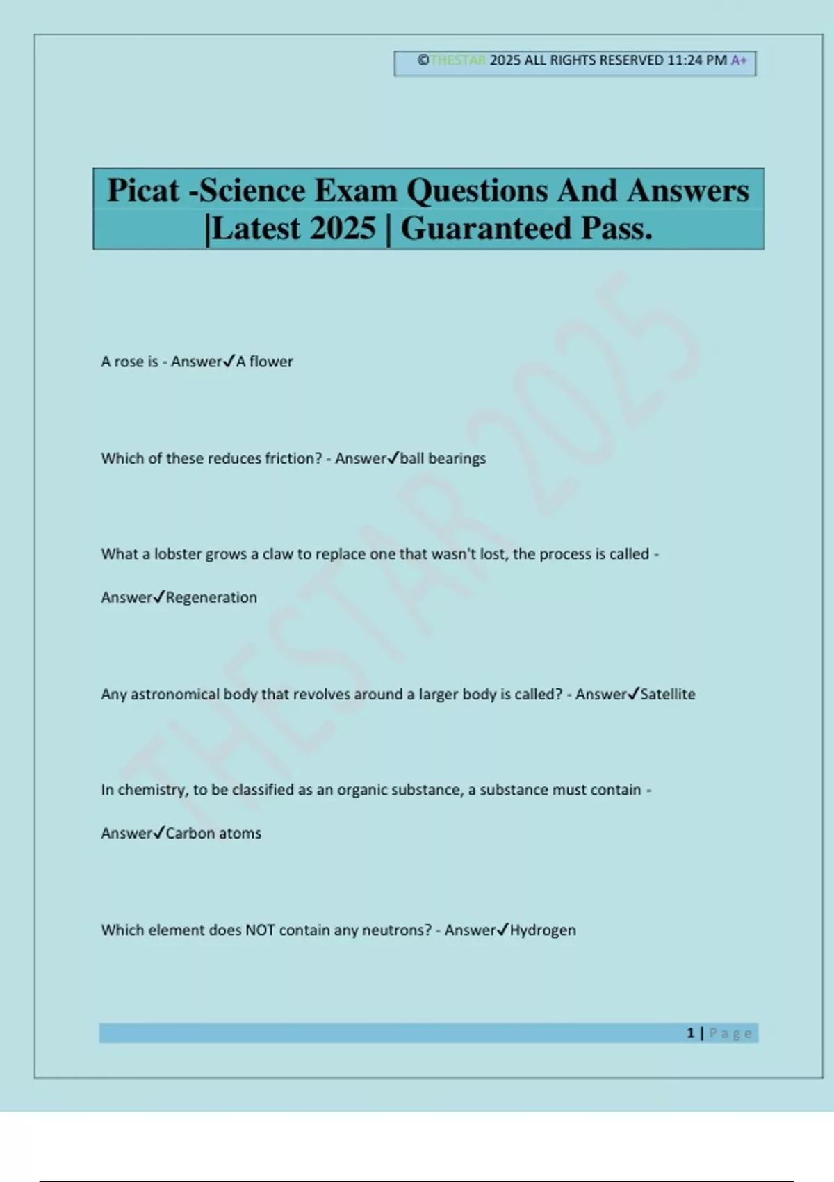 Picat -Science Exam Questions And Answers |Latest 2025 | Guaranteed ...