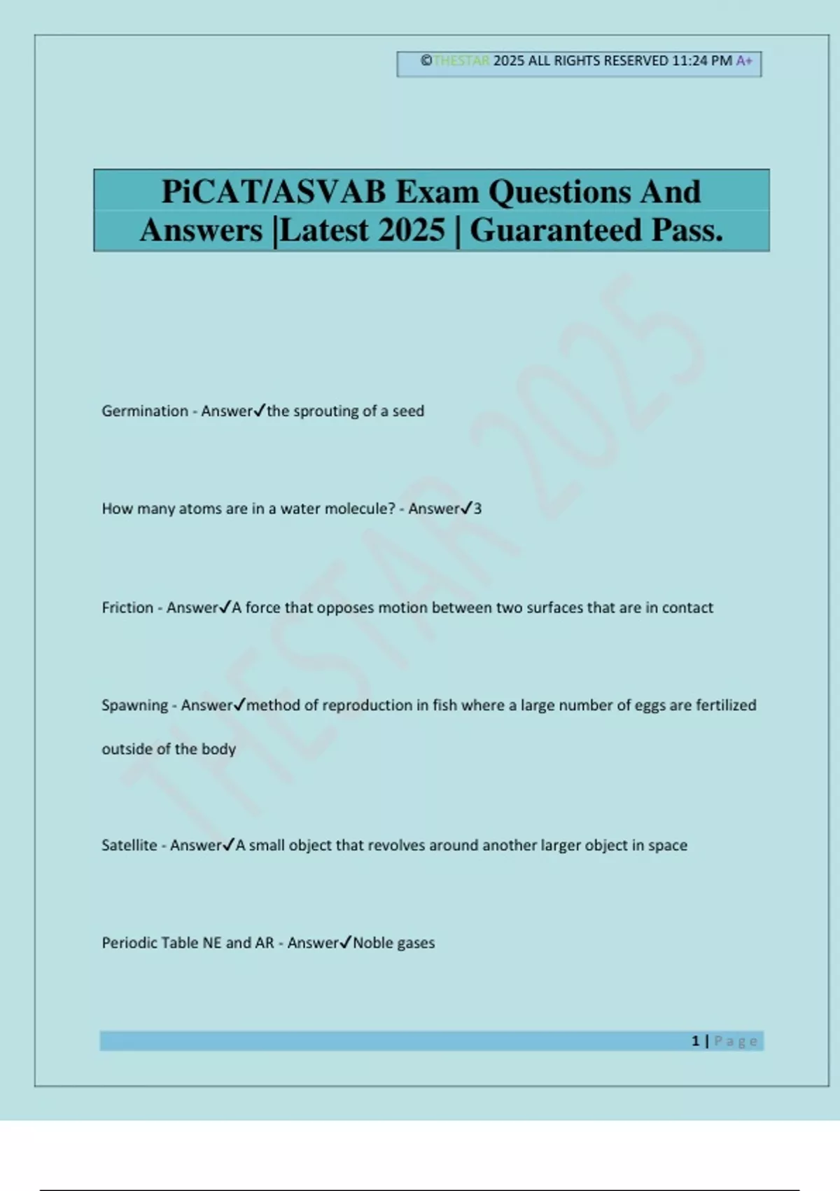 PiCAT/ASVAB Exam Questions And Answers |Latest 2025 | Guaranteed Pass ...