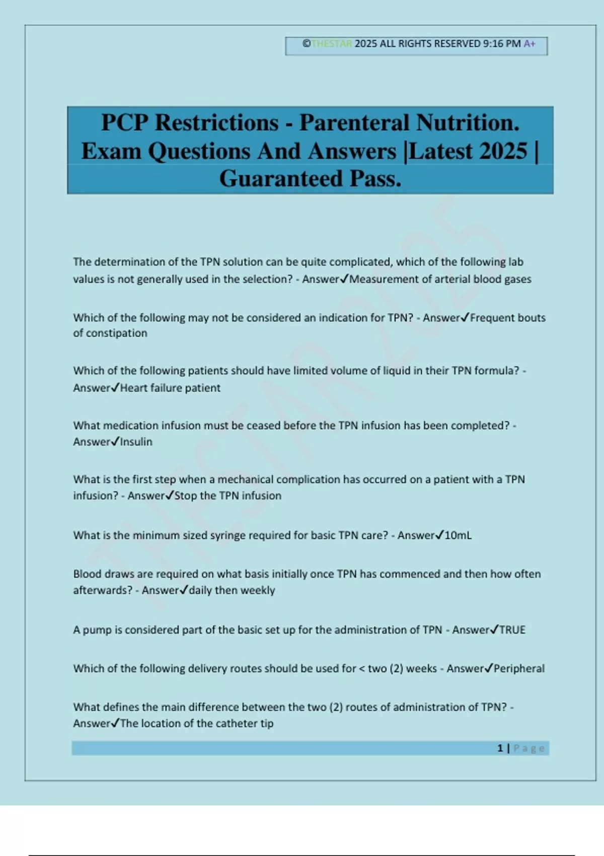 PCP Restrictions - Parenteral Nutrition. Exam Questions And Answers ...