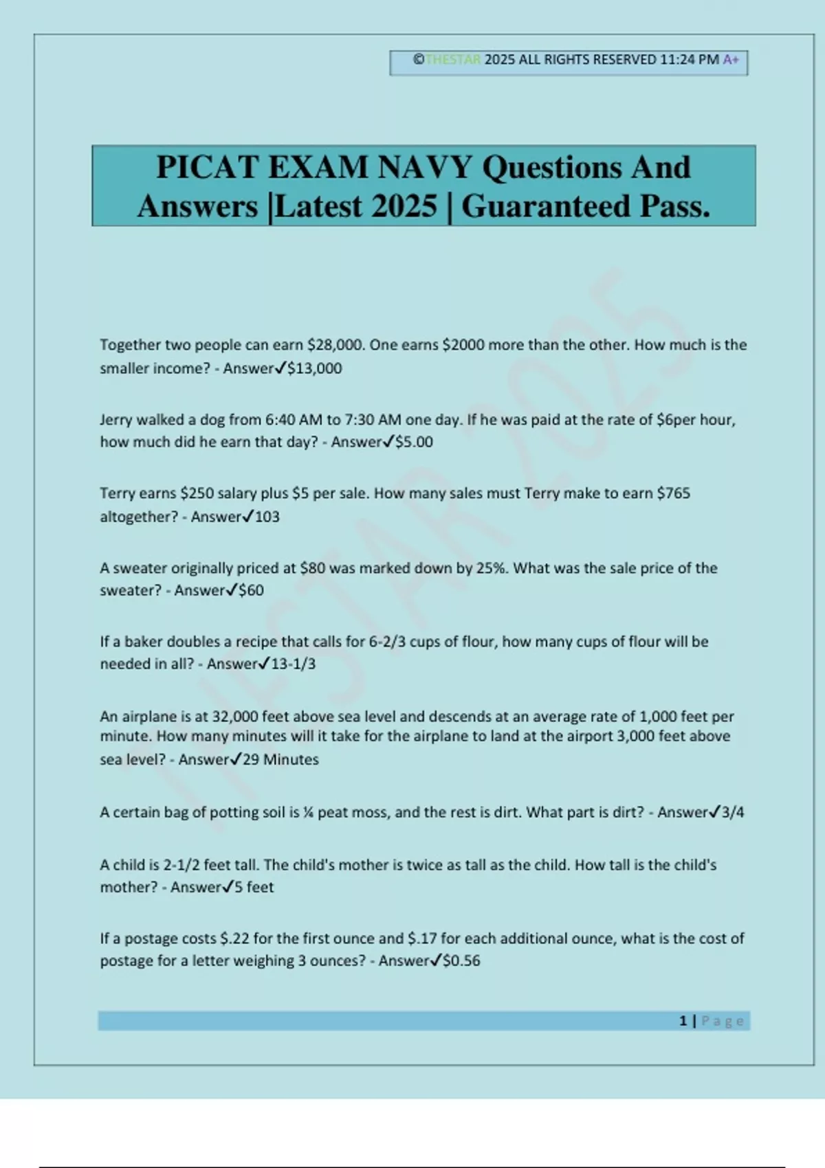 PICAT EXAM NAVY Questions And Answers |Latest 2025 | Guaranteed Pass ...