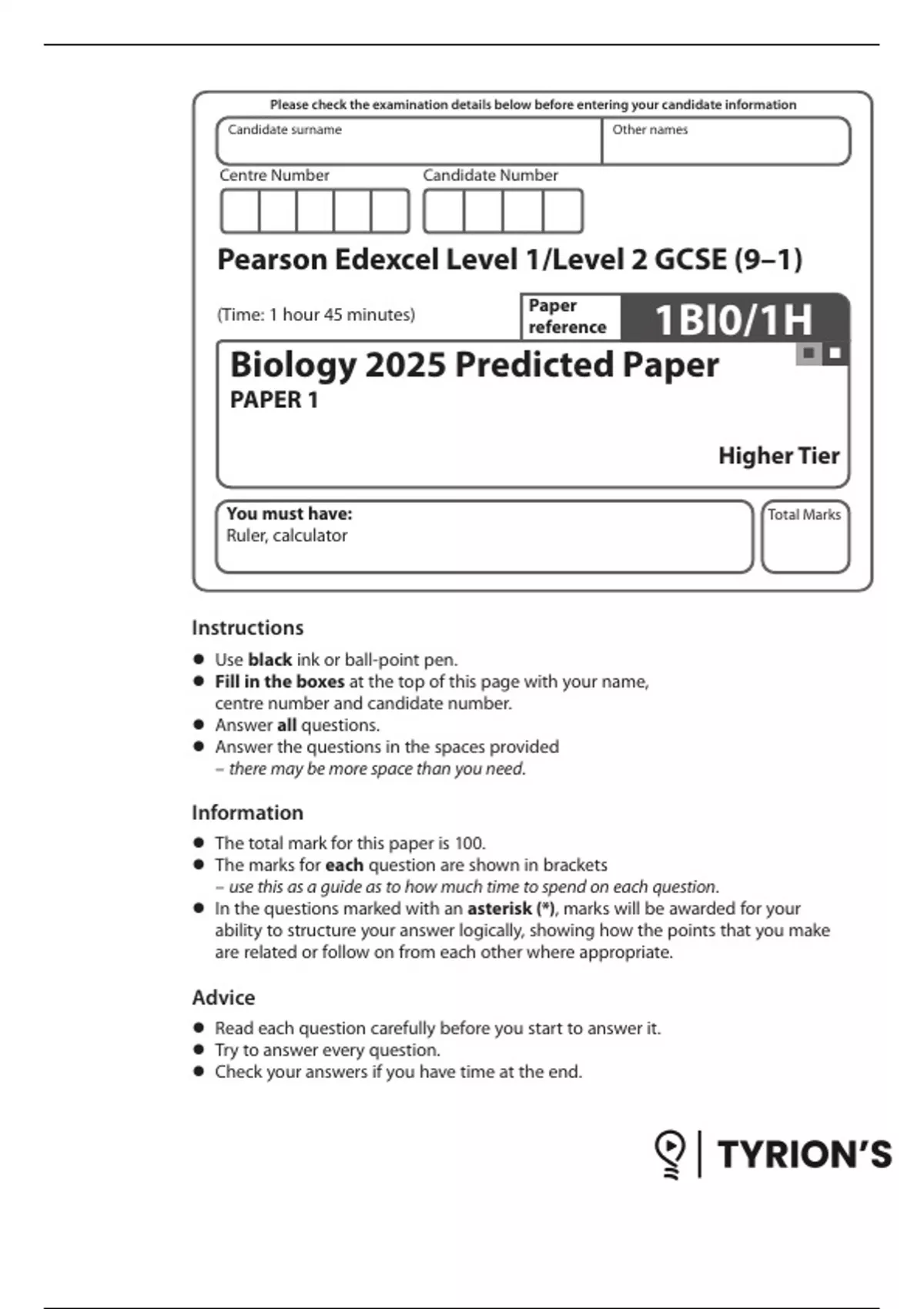 Edexcel GCSE Biology Question Paper 1H 2025 Predicted - Predicted ...