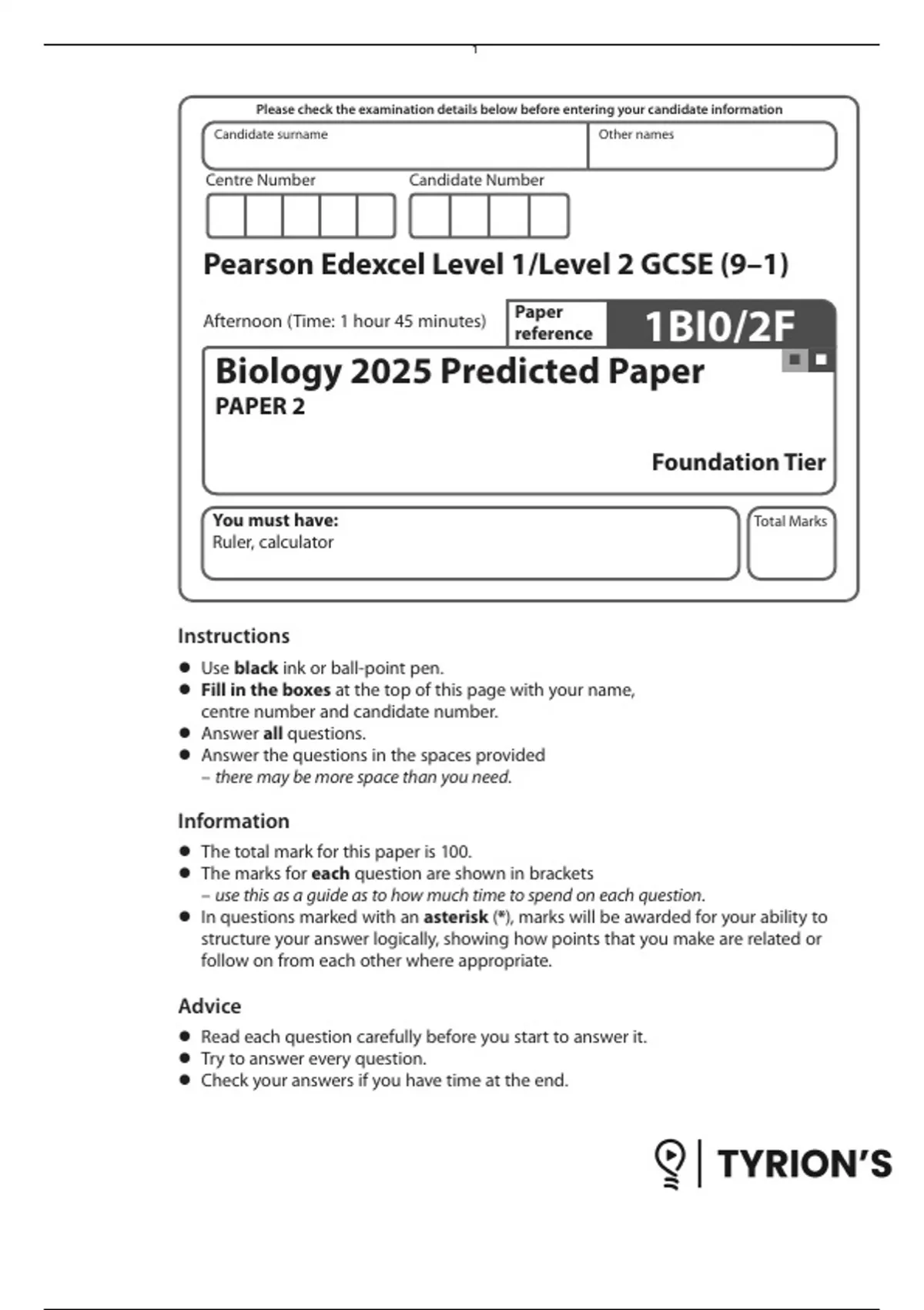 Edexcel GCSE Biology Question Paper 2F 2025 Predicted - Predicted ...