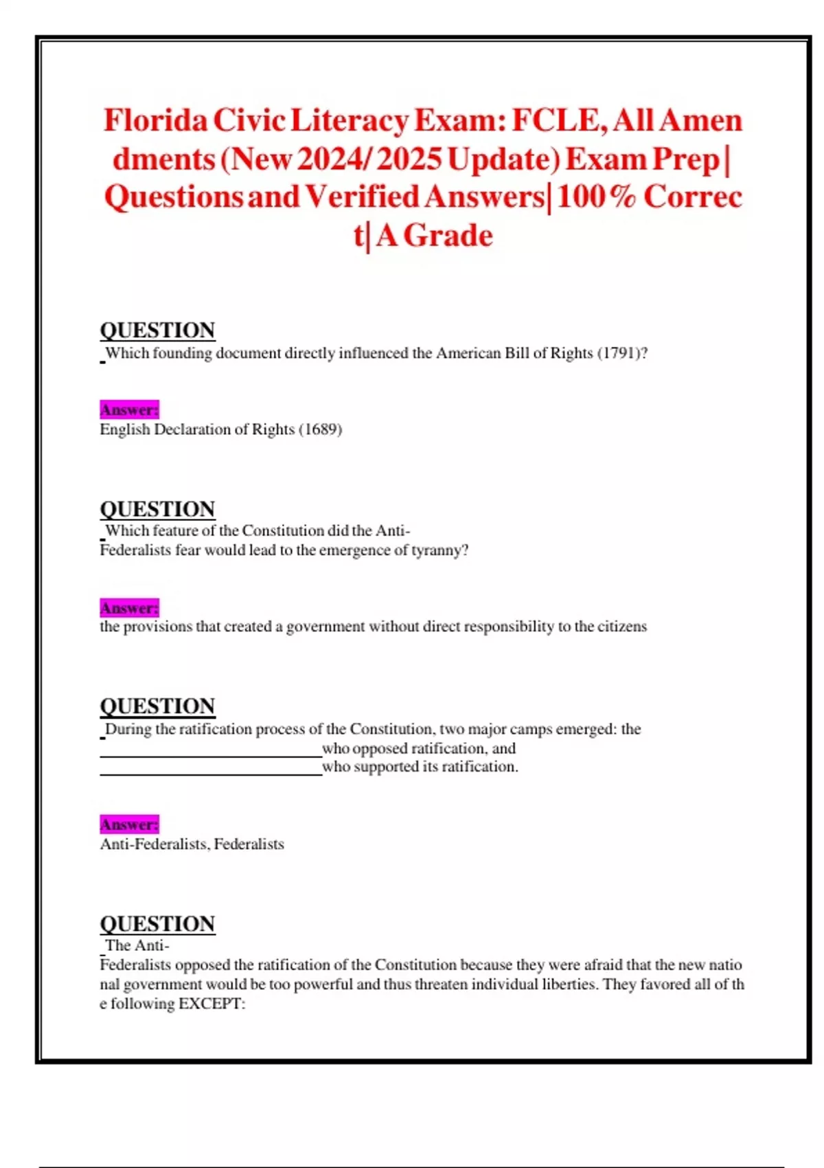 2025 FLORIDA CIVIC LITERACY EXAM 4 ACTUAL TEST WITH COMPLETE 100 REAL ...
