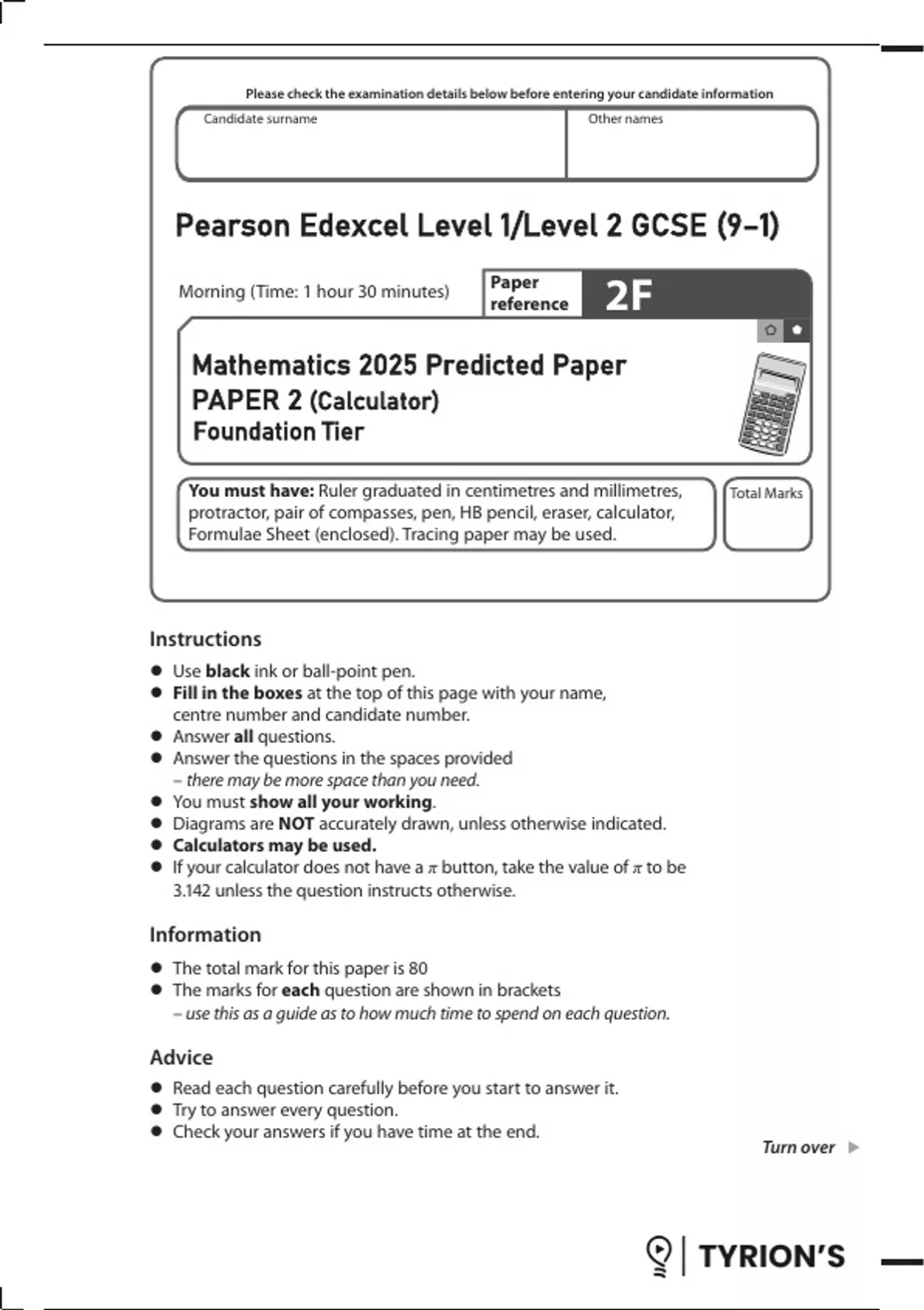 EDEXCEL GCSE MATHEMATICS 2F 2025 PREDICTED QUESTION PAPER - Predicted Papers 2025 - Stuvia UK