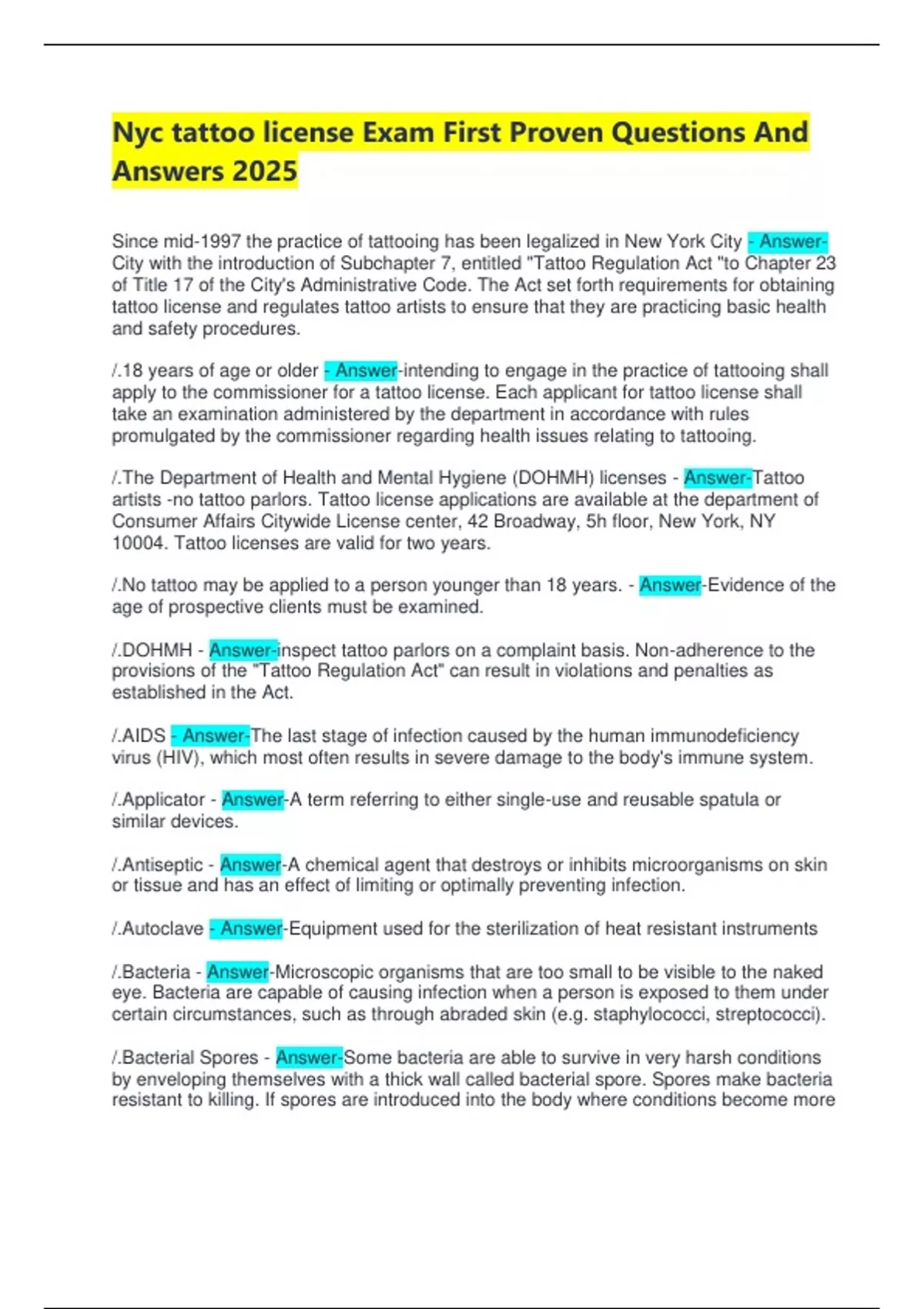 Nyc tattoo license Exam First Proven Questions And Answers 2025 - Nyc ...