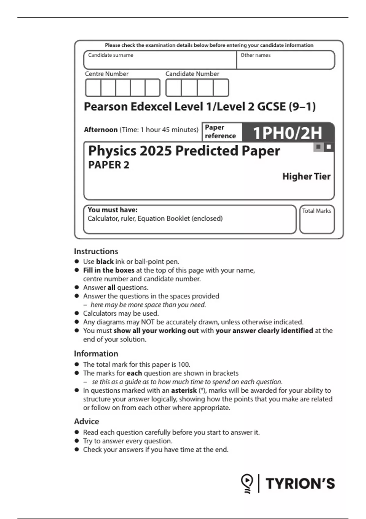 Edexcel GCSE Physics Question Paper 2H 2025 Predicted - Predicted ...