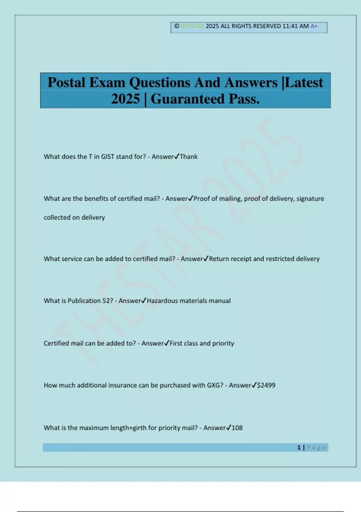 Postal Exam Questions And Answers Latest 2025 Guaranteed Pass