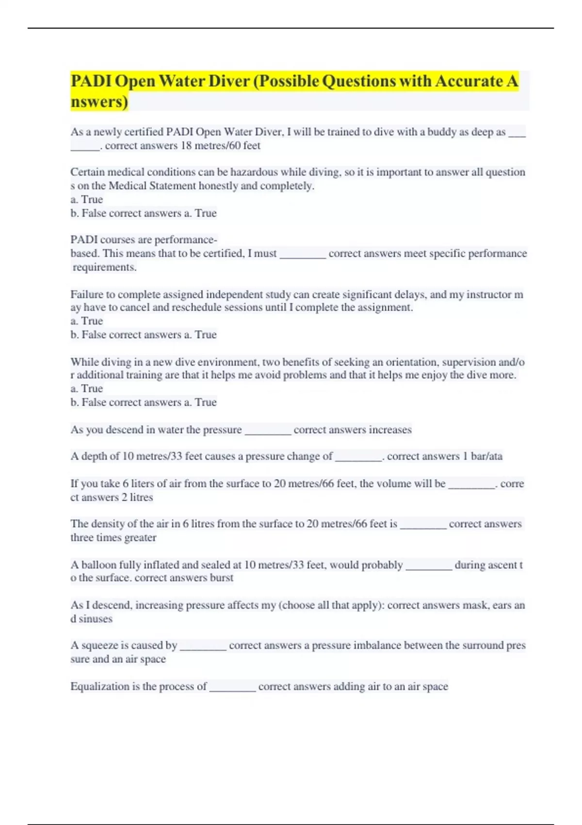 2025 PADI ADVANCED OPEN WATER TEST ACTUAL TEST COMPLETE QUESTIONS AND ...