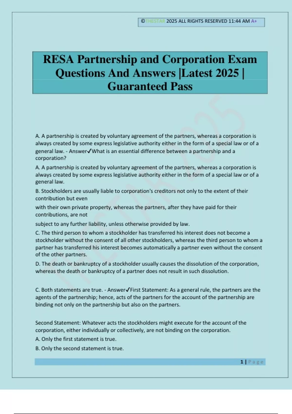 RESA Partnership and Corporation Exam Questions And Answers |Latest ...