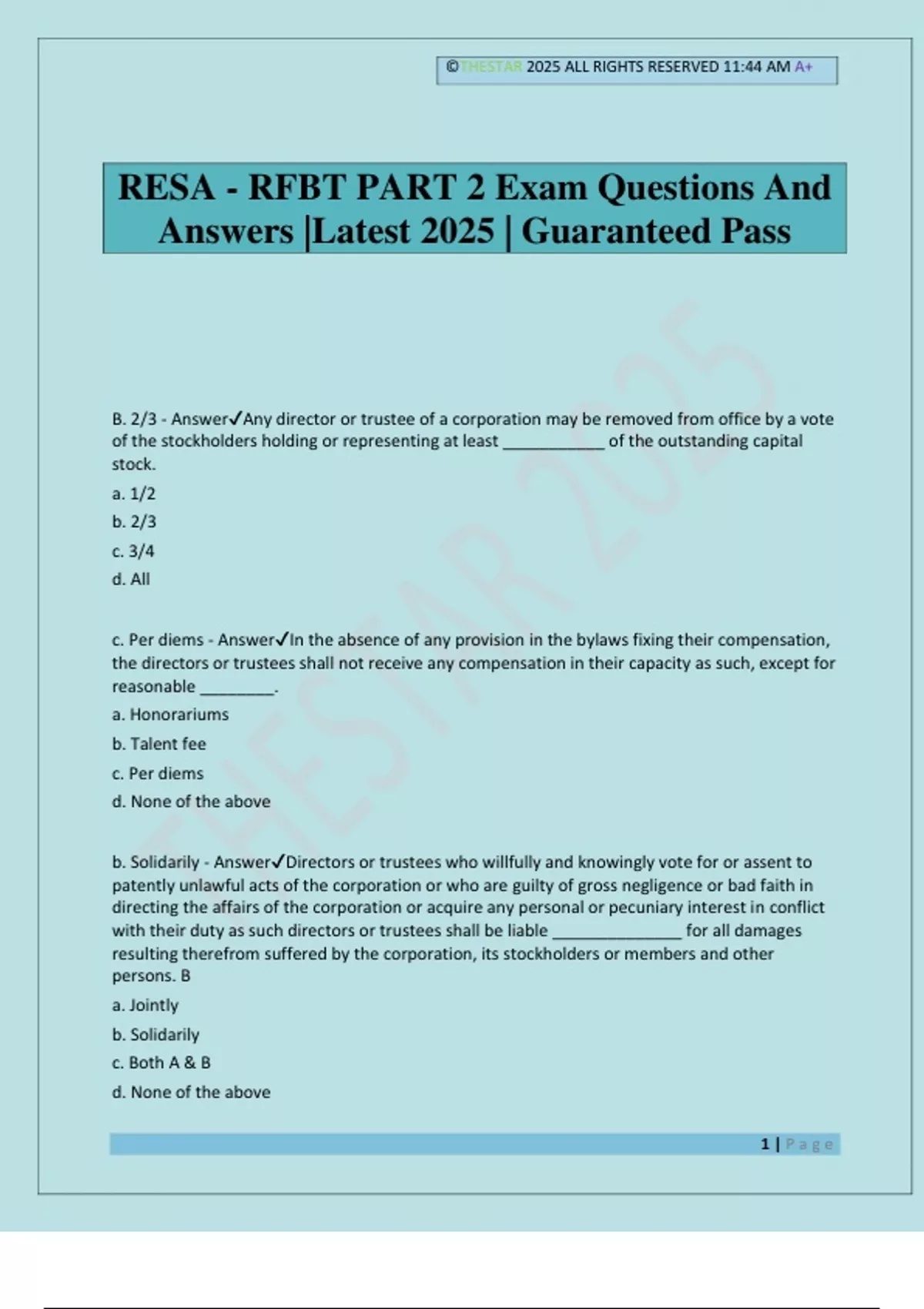 RESA - RFBT PART 2 Exam Questions And Answers |Latest 2025 | Guaranteed ...