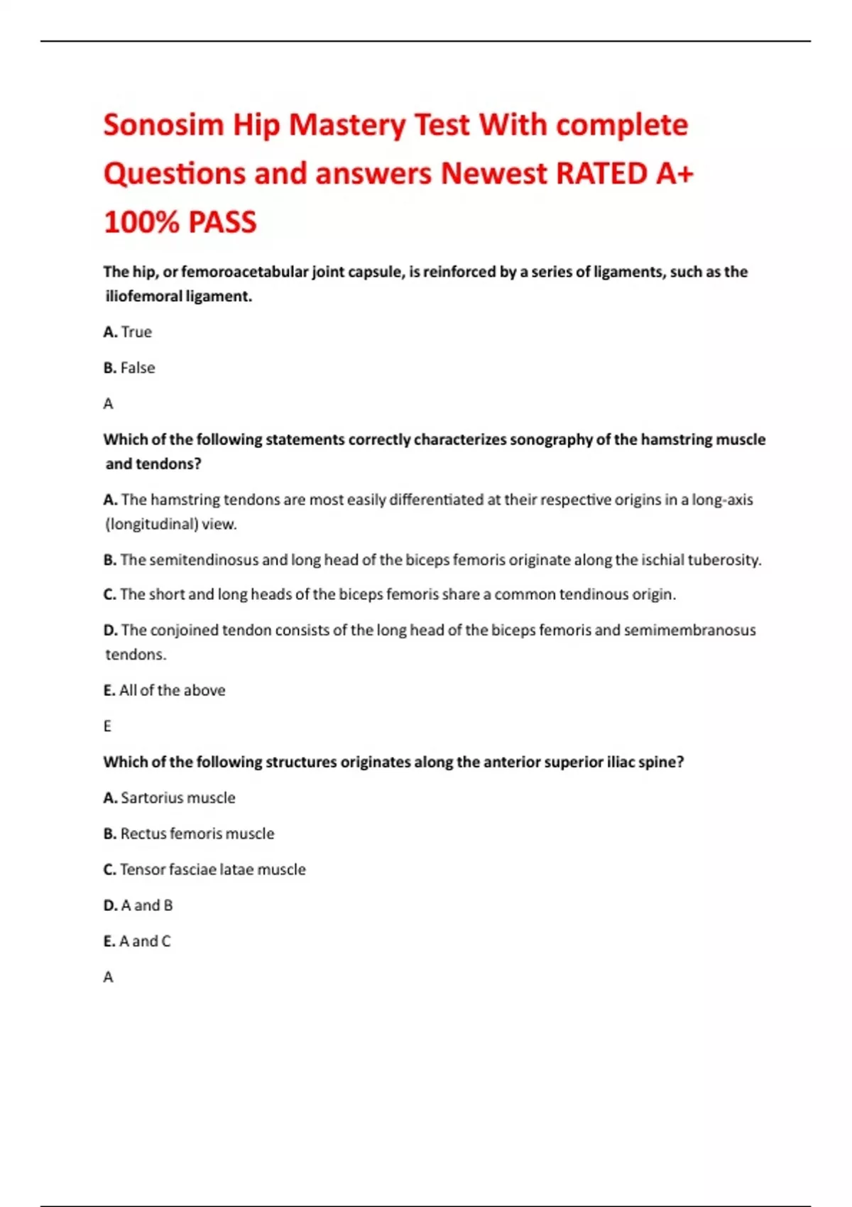Sonosim Hip Mastery Test With complete Questions and answers Newest ...