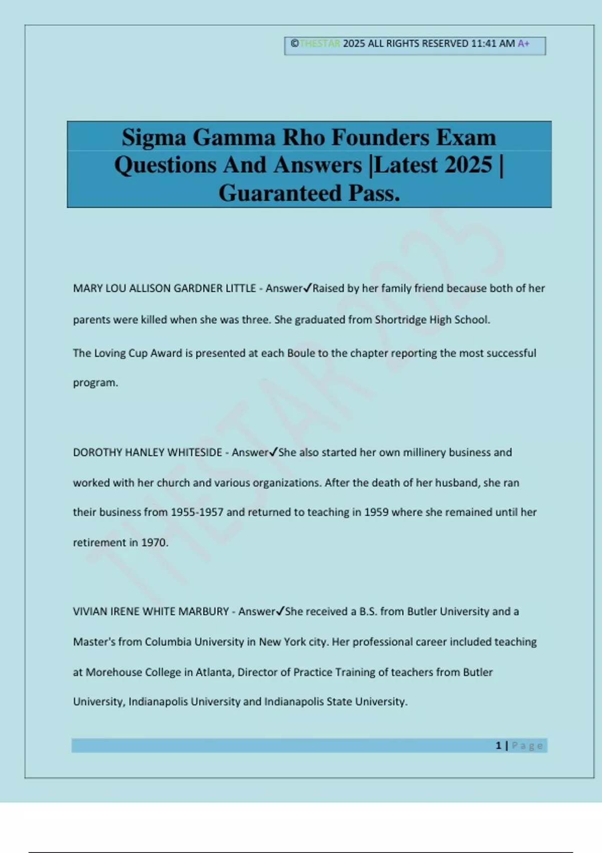 Sigma Gamma Rho Founders Exam Questions And Answers |Latest 2025 ...