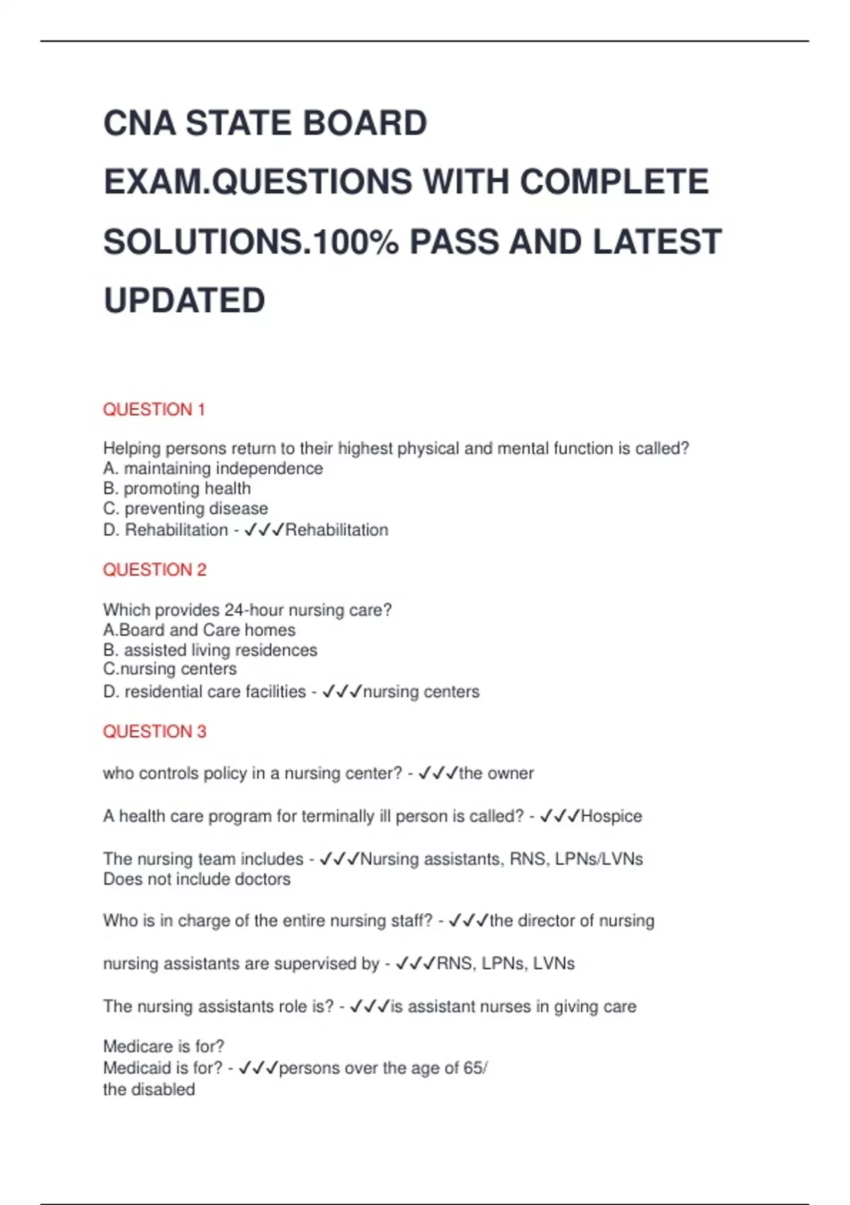 CNA STATE BOARD EXAM.QUESTIONS WITH COMPLETE SOLUTIONS.100% PASS AND ...