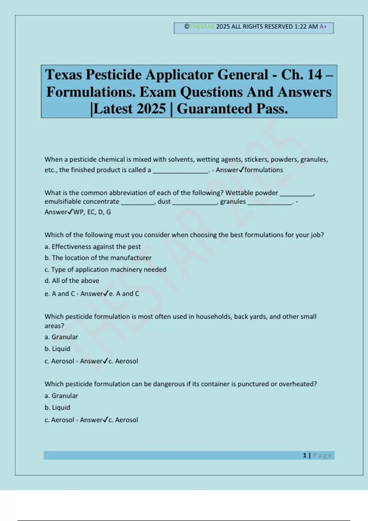 Texas Pesticide Applicator General - Ch. 14 – Formulations. Exam ...