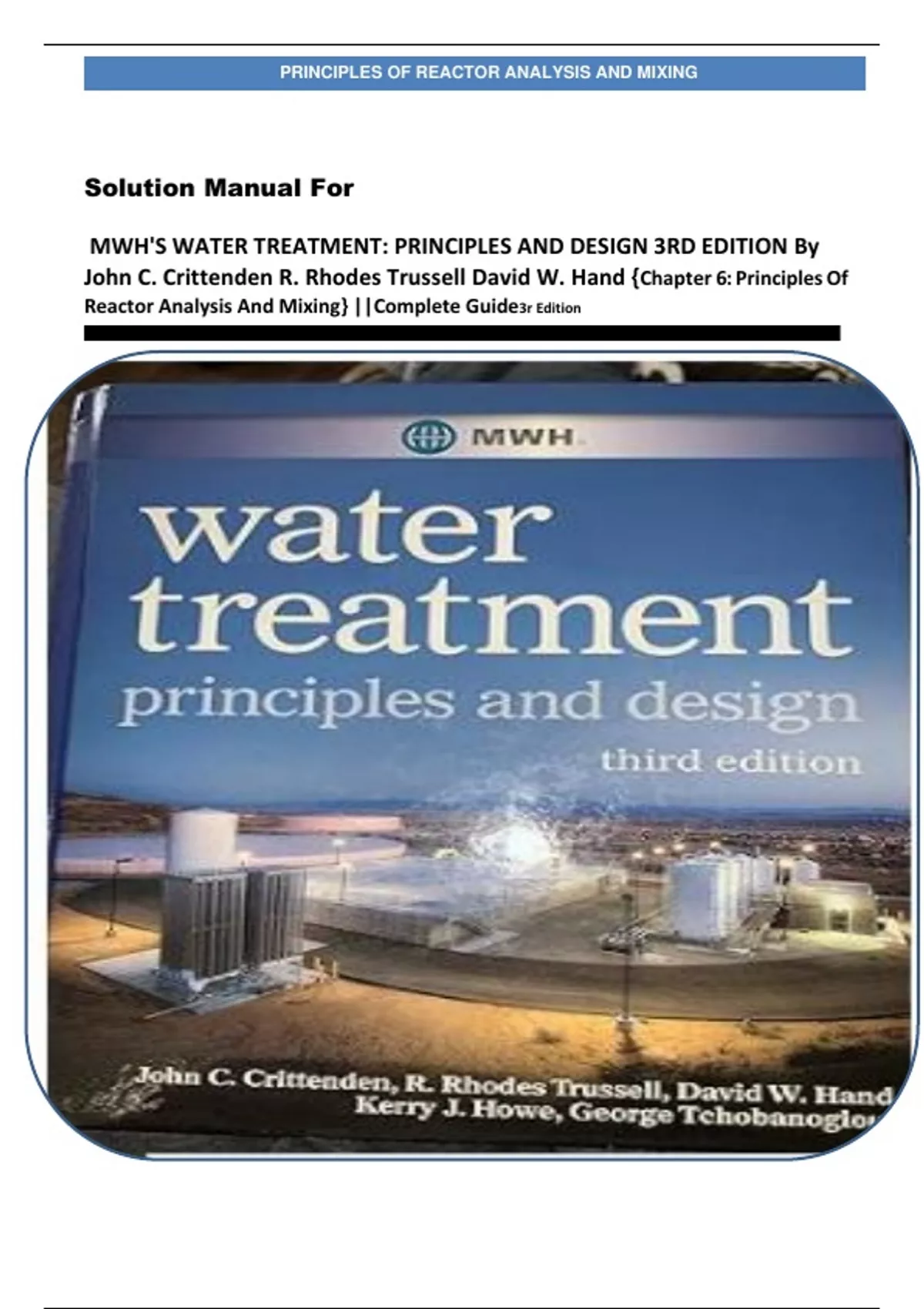 Solution Manual For MWH'S WATER TREATMENT: PRINCIPLES AND DESIGN 3RD EDITION By John C ...